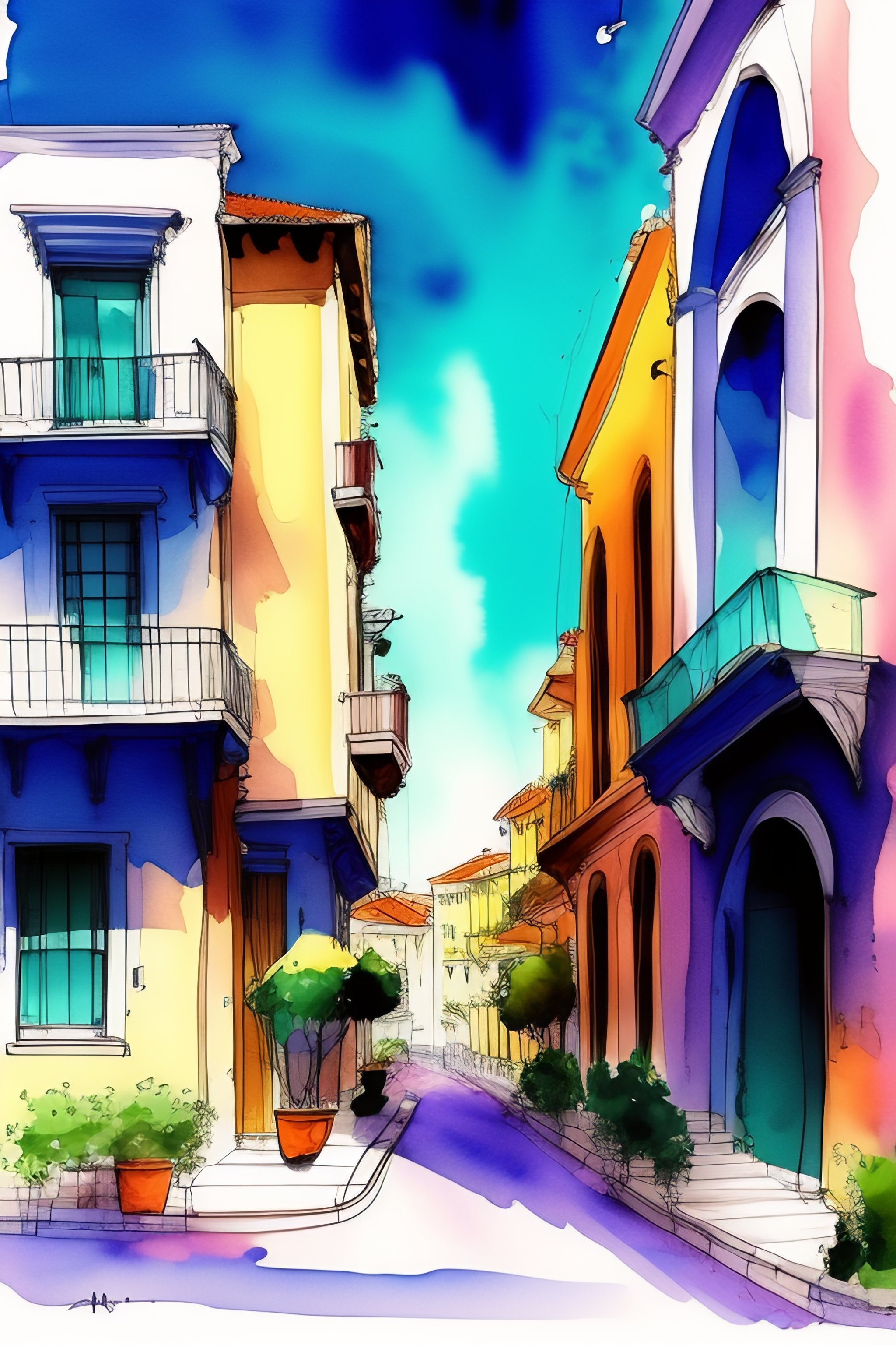 Lexica - A loose ink sketching with watercolors of a modern Athens ...