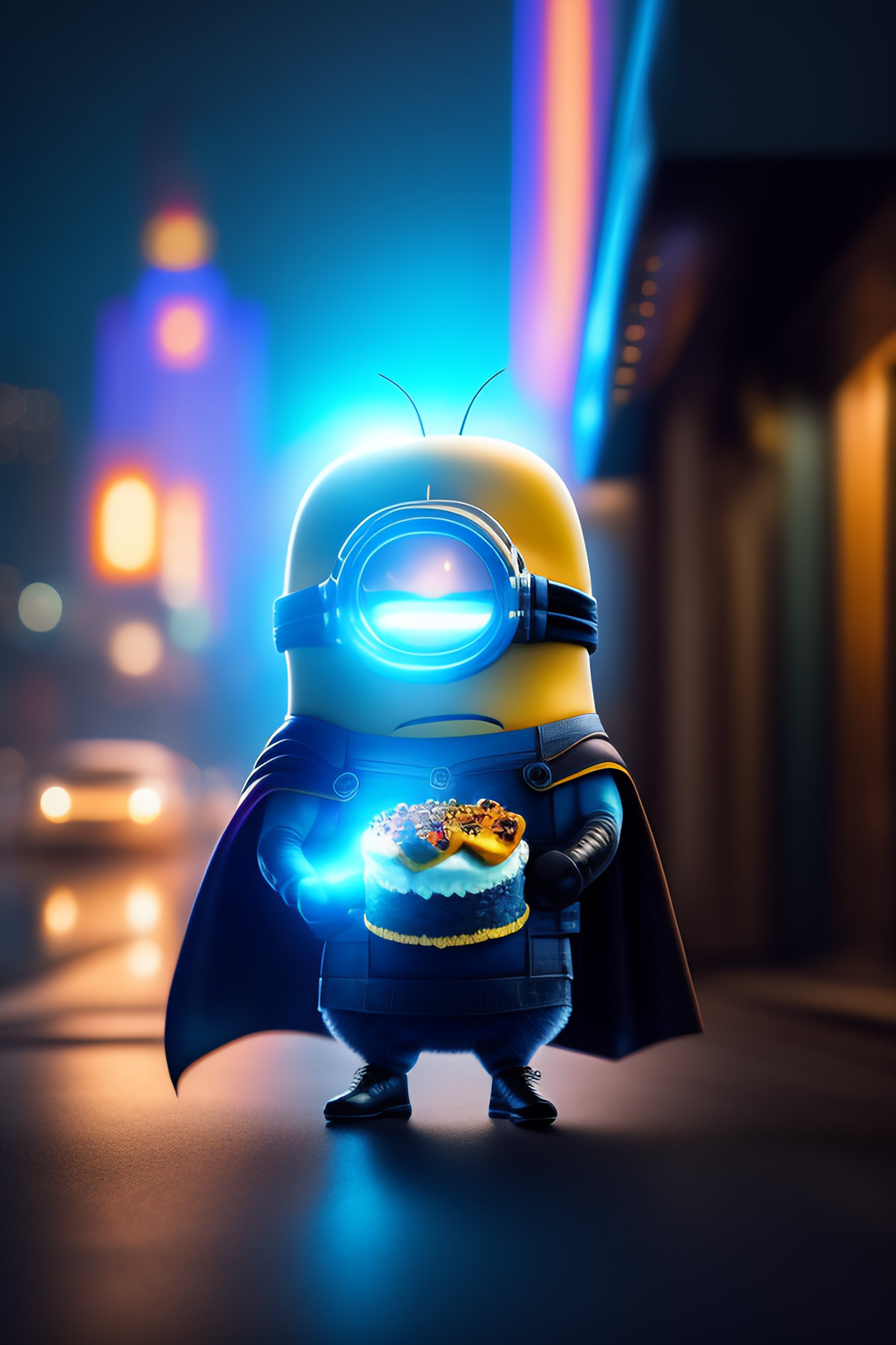 Lexica - Strong minion eats cake in a cape in a cyberpunk city, and a ...
