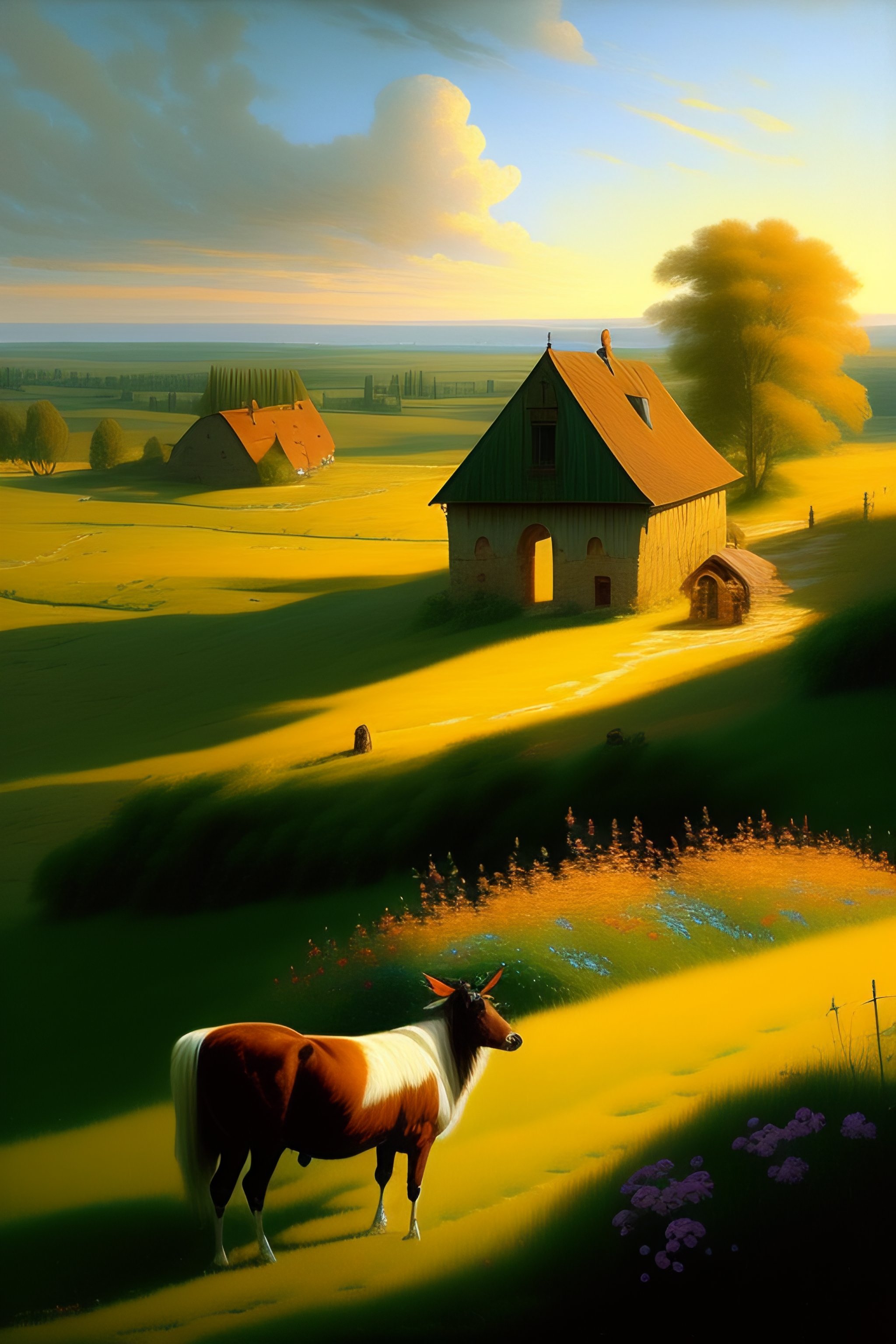 Lexica - An oil painting of a small farm in a vivid meadow on a ...