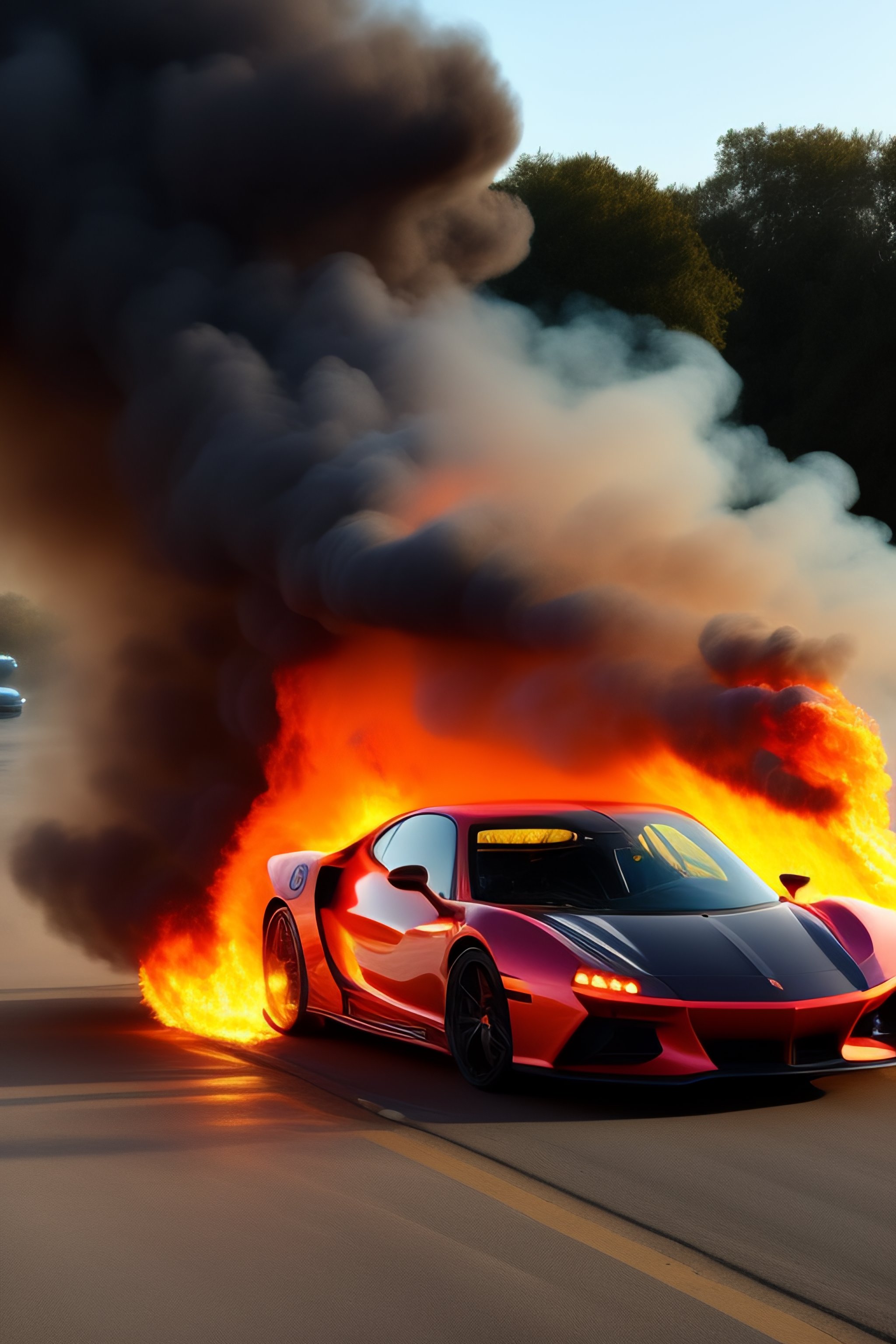 Lexica - A burning flying car inflames of fire, night rider