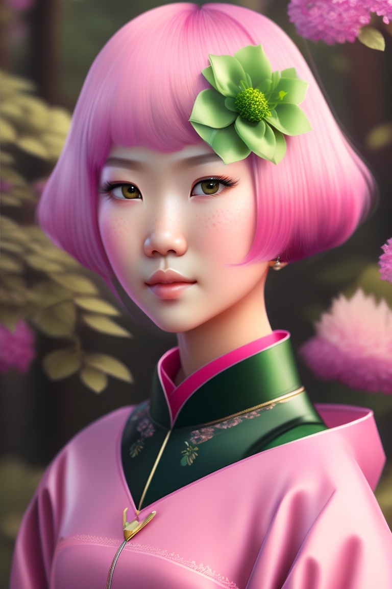 Lexica - Japanese girl with short pink hair, with a green flower ...