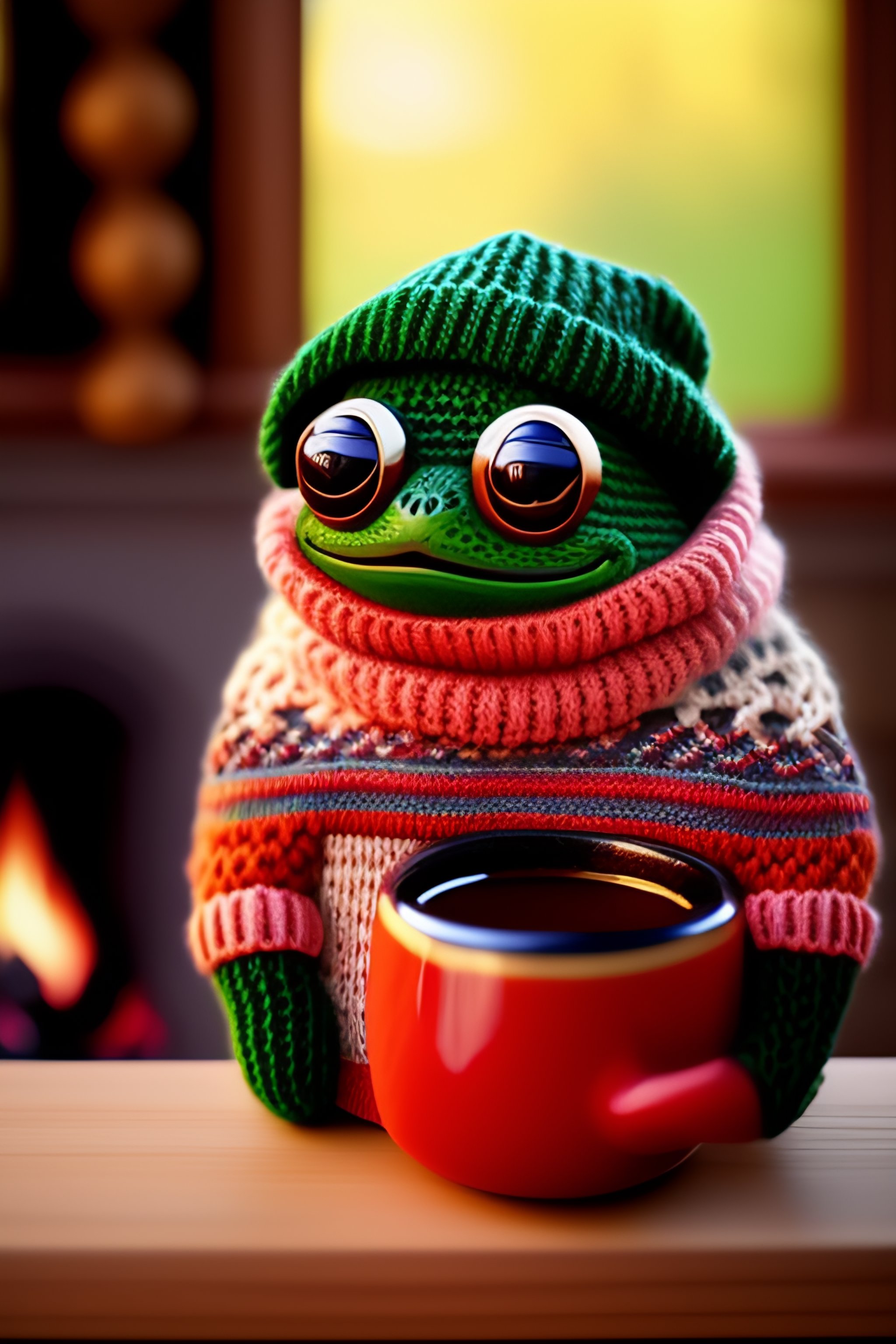 Lexica - A tiny pepe the frog sipping tea wearing a cozy knit sweater ...
