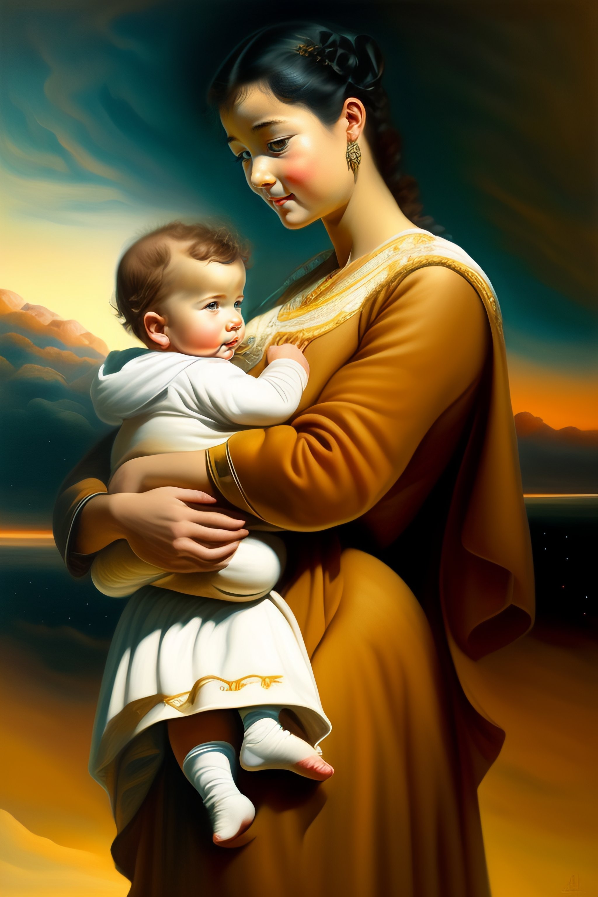 Lexica - Mummy with her baby boy in arms, painting by Dali, detailed ...