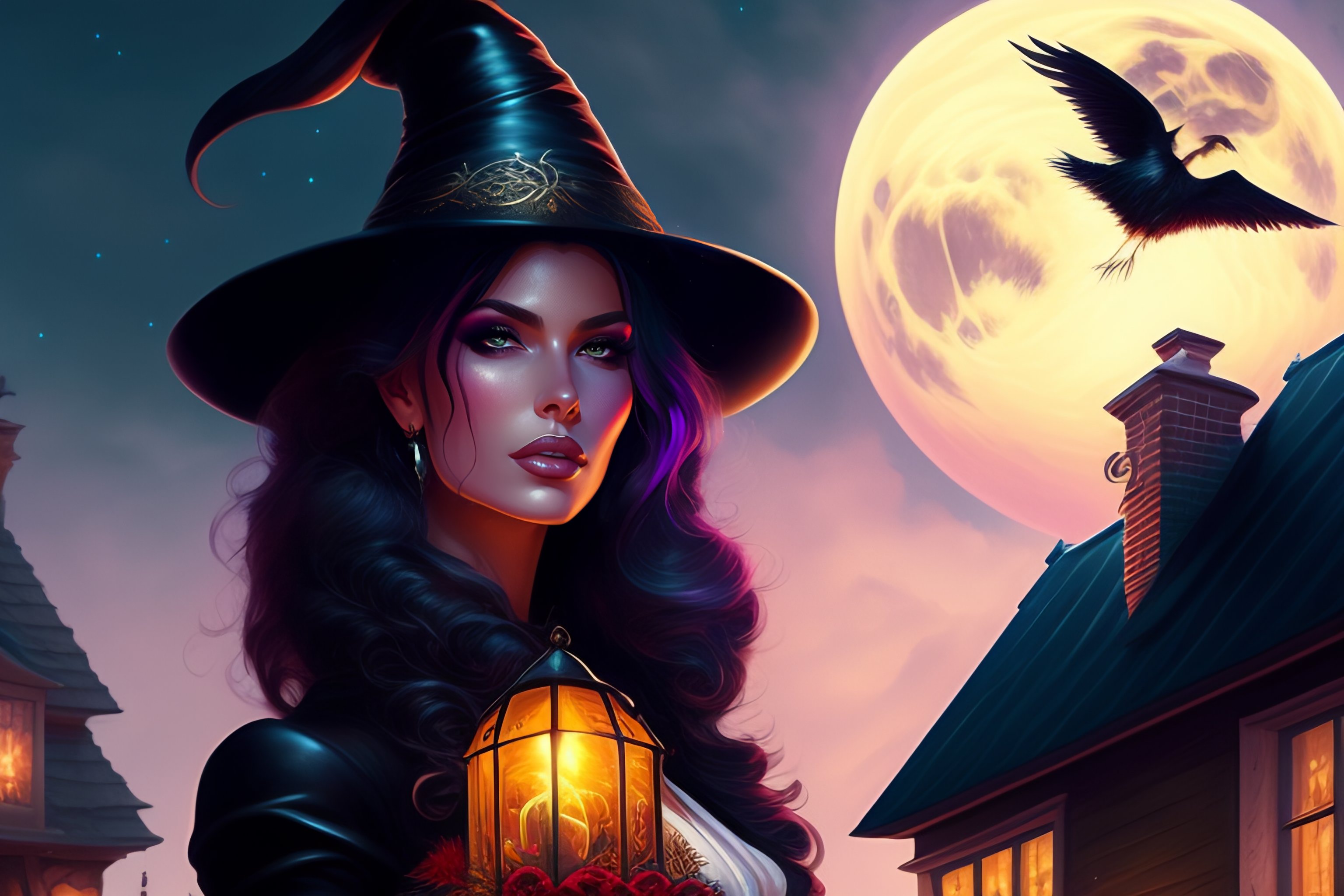 Lexica - Goth witch and a sitting on a roof with a bag of presents at ...