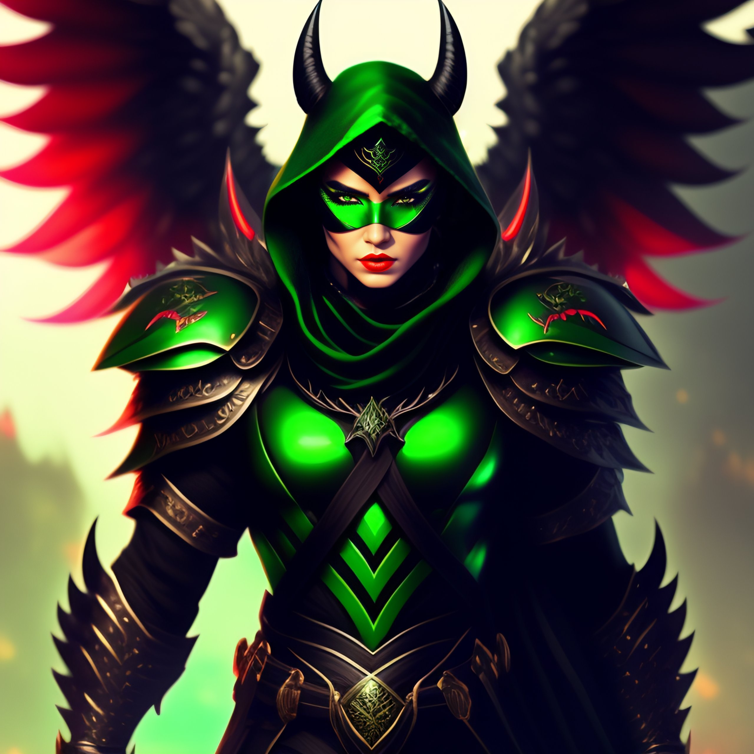 Lexica - Devil ninja, black wings, black armor, green fire background, fantasy, red eyes, full ...