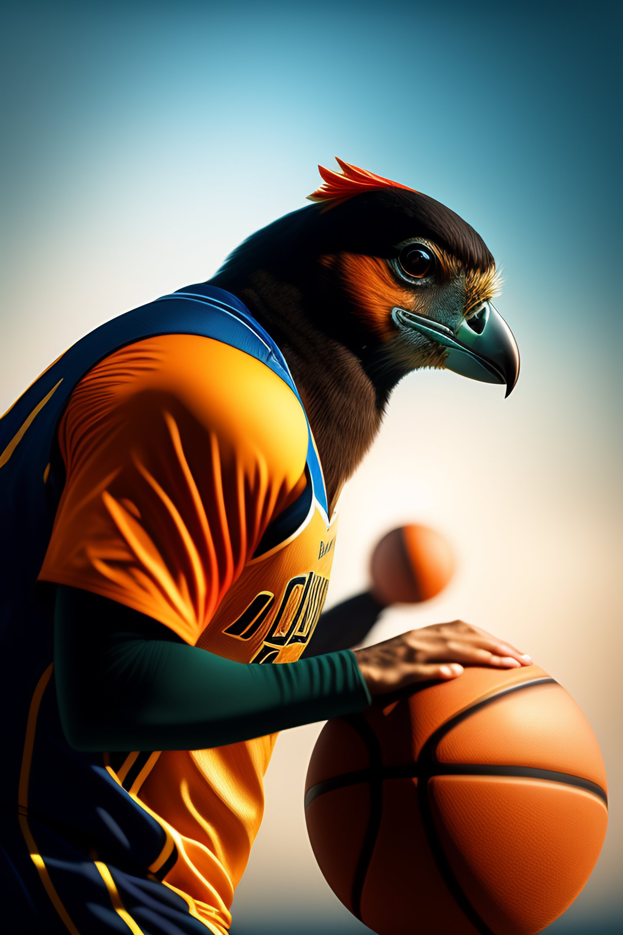 Lexica - Portrait of a bird playing basketball