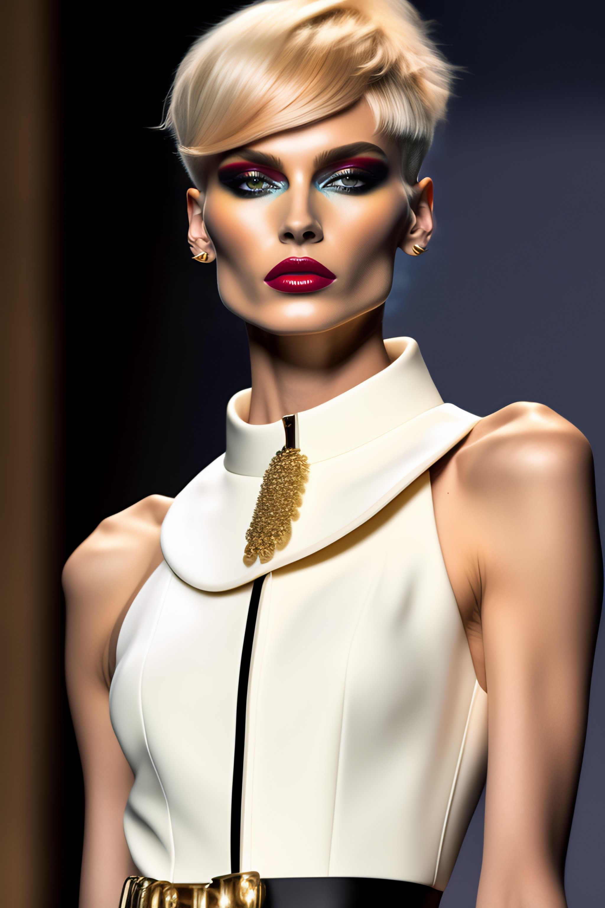 Lexica - A realistic woman in her 40s, eccentric look with blond hair ...