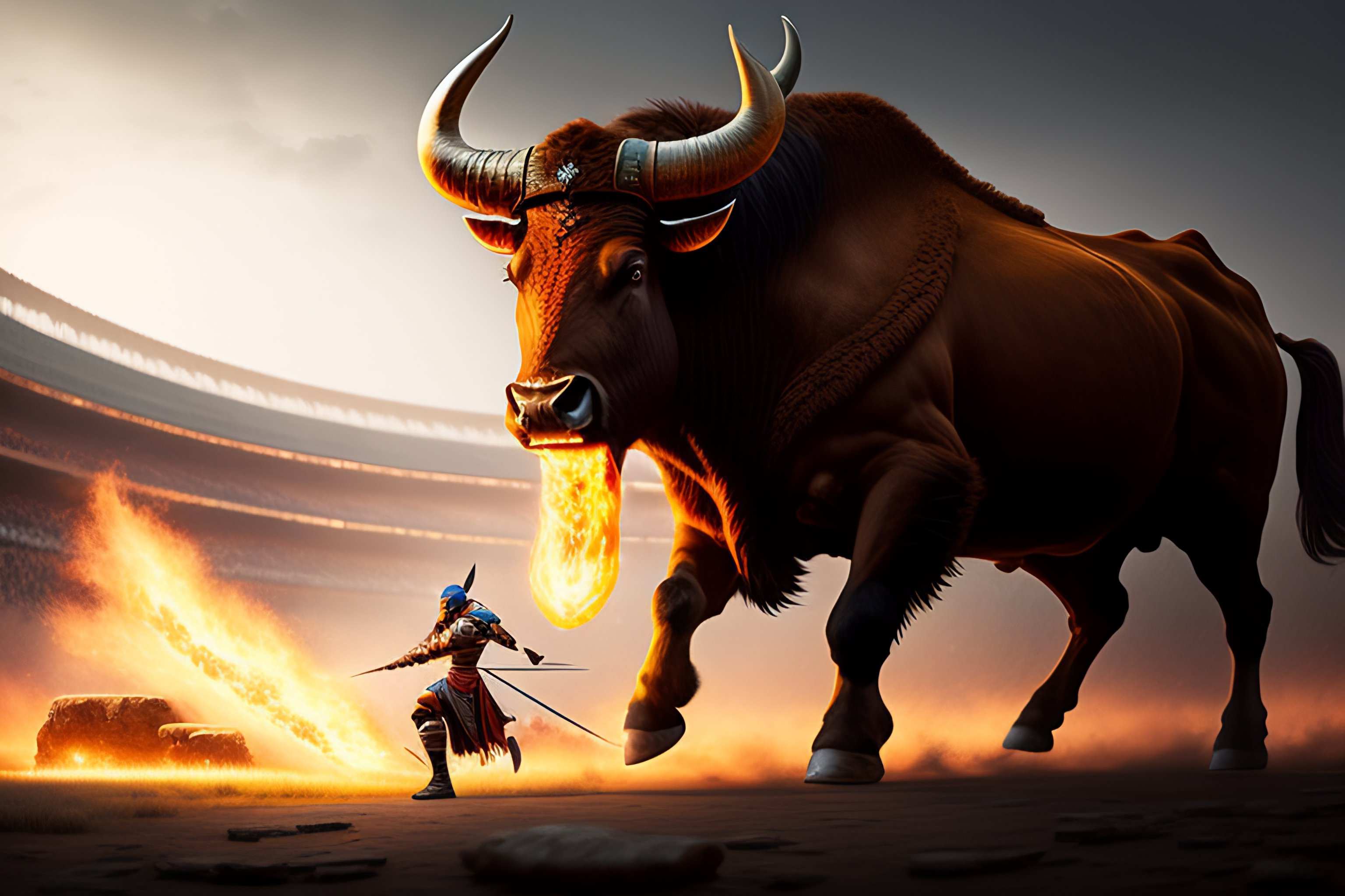 Lexica - A spartan gladiator fighting a charging longhorns buffalo ...