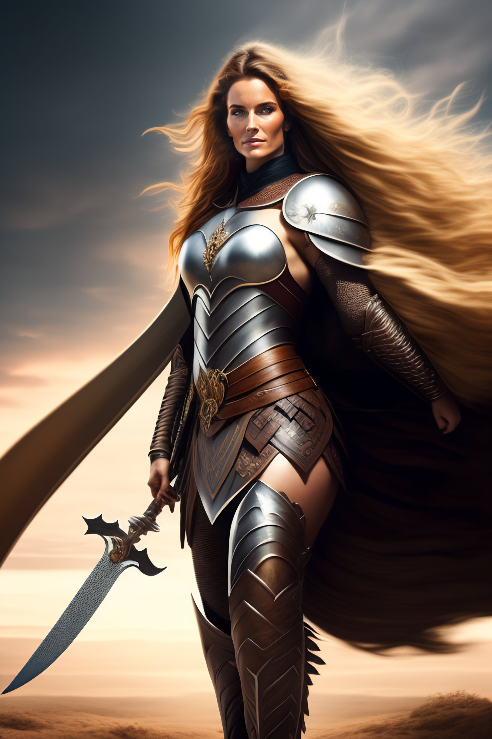 Lexica - White woman female warrior with long wavy brown hair wearing ...