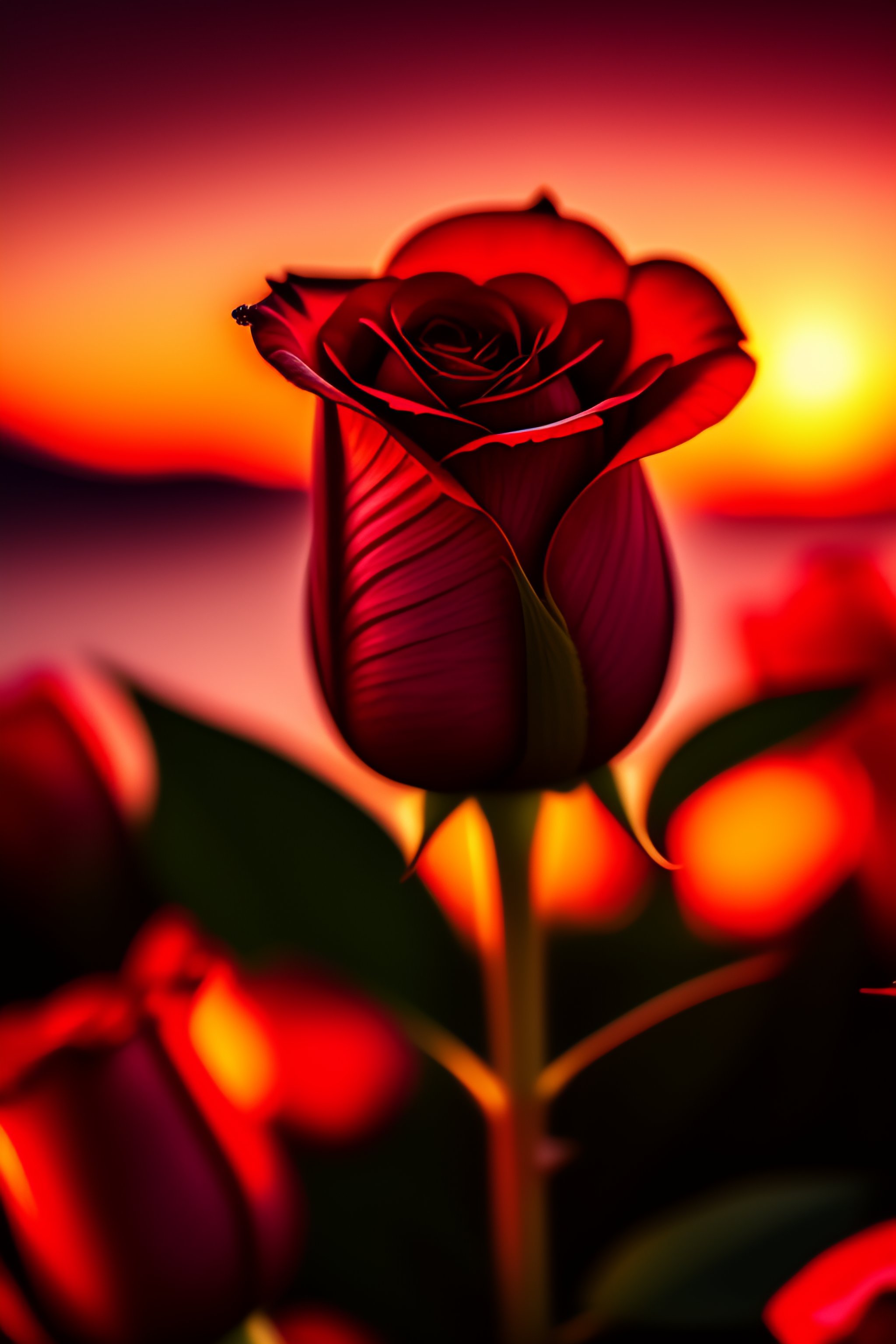 Lexica - One red rose, the rose is with sunset view behind, full screen, 4k