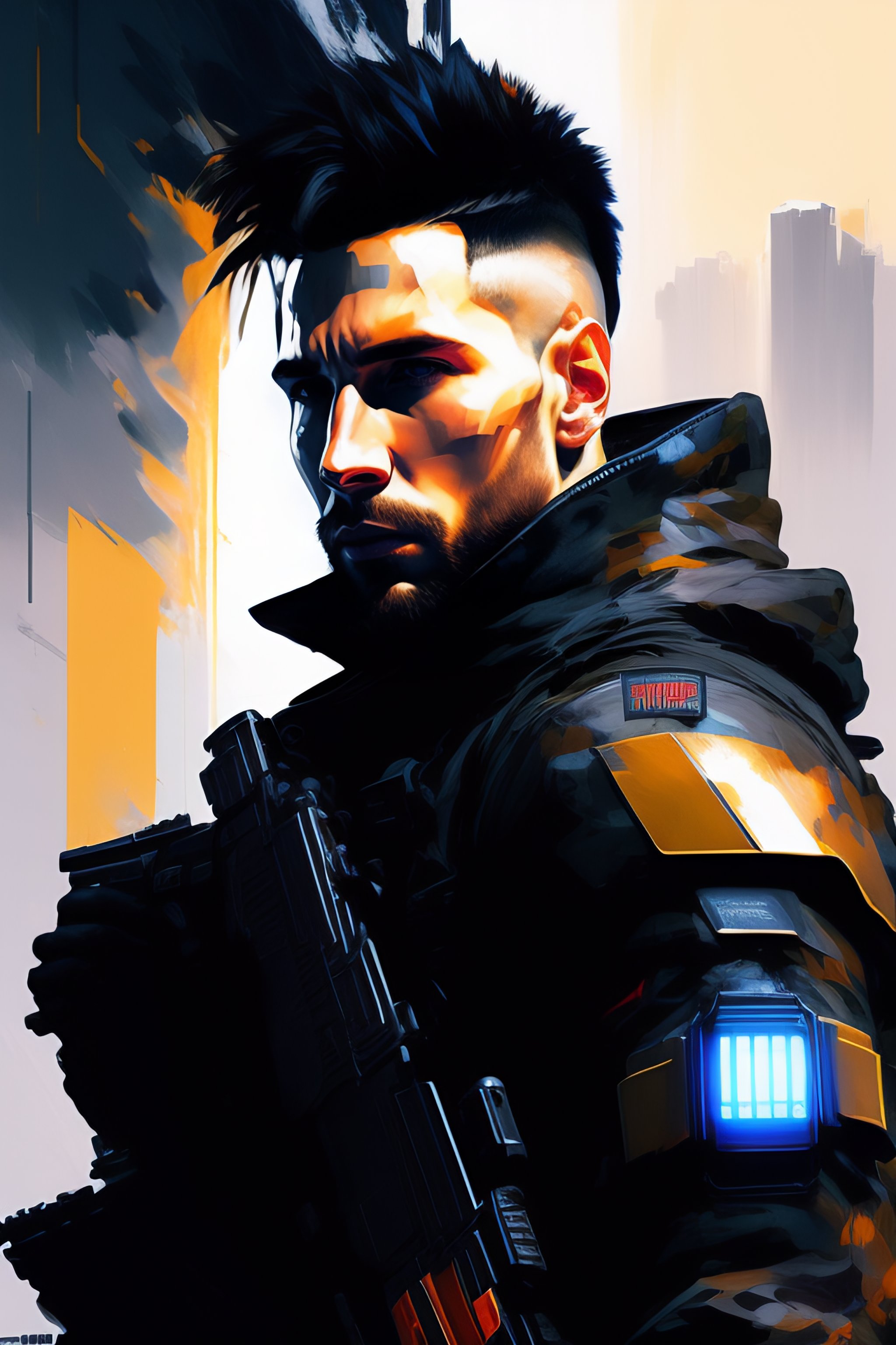 Lexica - Messi wearing metal gear armor holding gun dramatic lighting ...