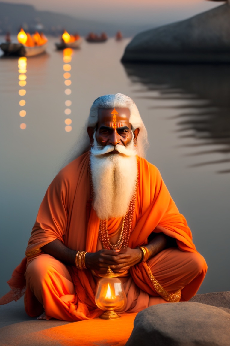 Lexica - A serene sadhu sitting cross-legged on the banks of the Ganges ...