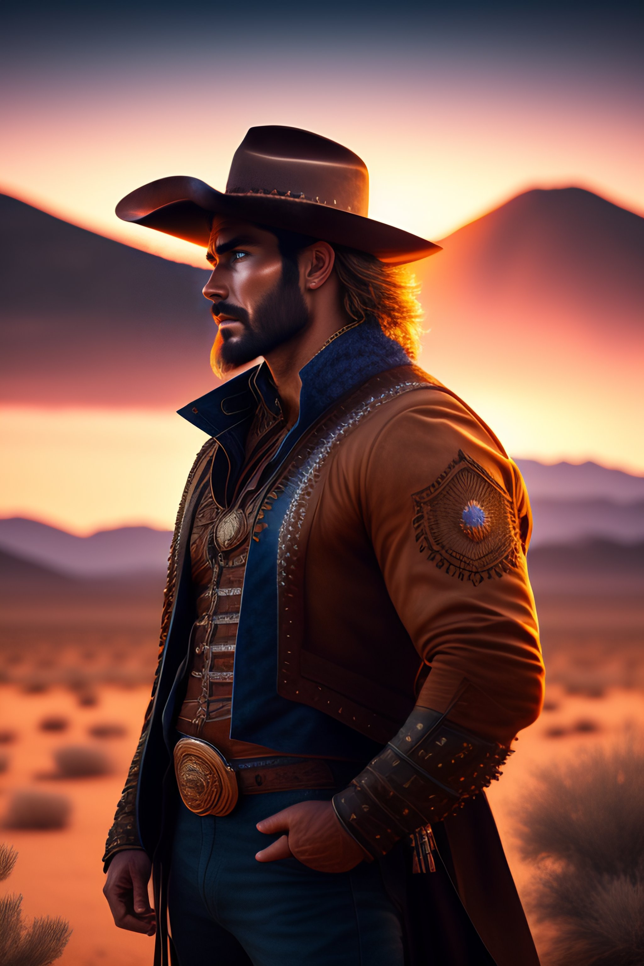 Lexica - Handsome rugged cowboy tipping their hat, desert mountains ...