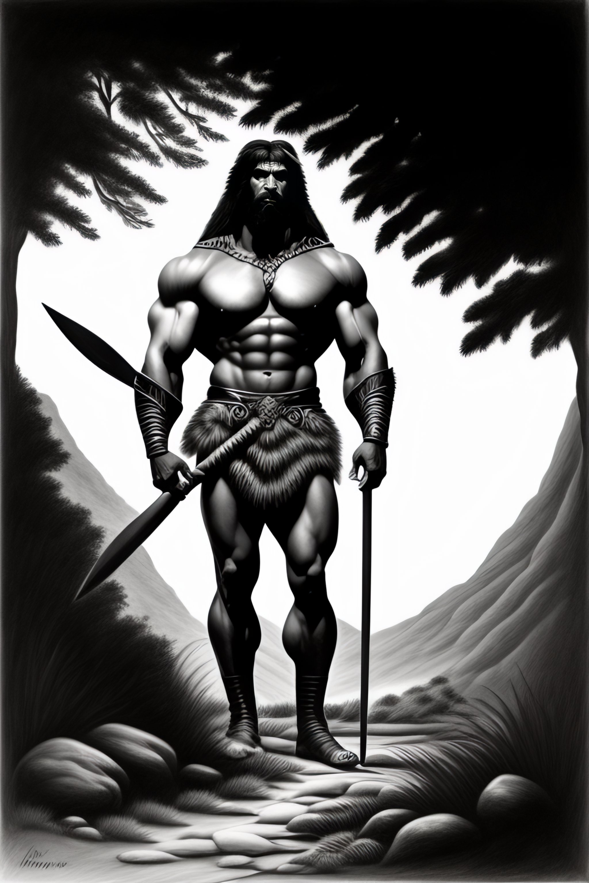Lexica - Landscape drawing of a muscular caveman with a spear standing ...