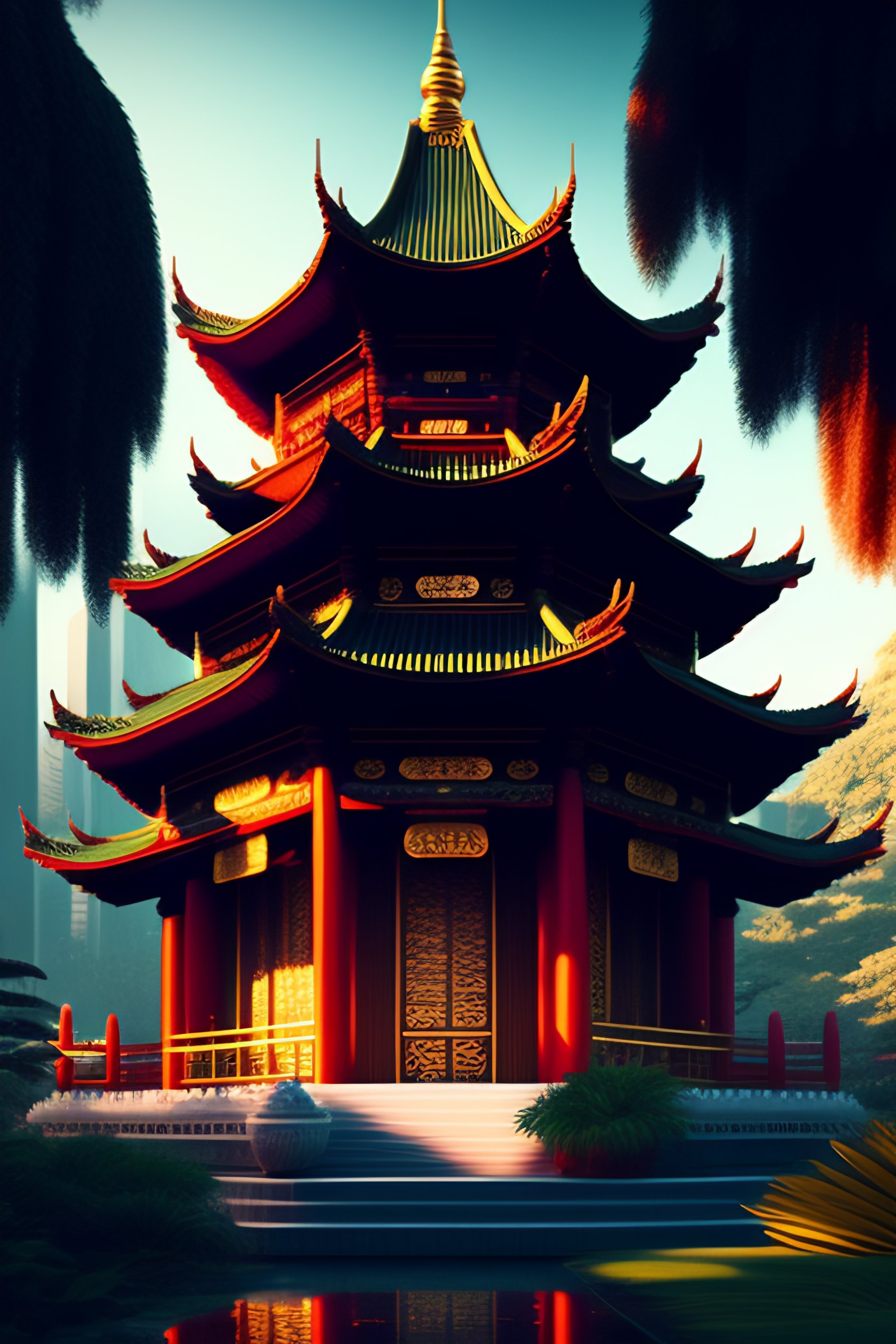 Lexica - Chinese style temple in front of cyberpunk pagoda, hyper ...