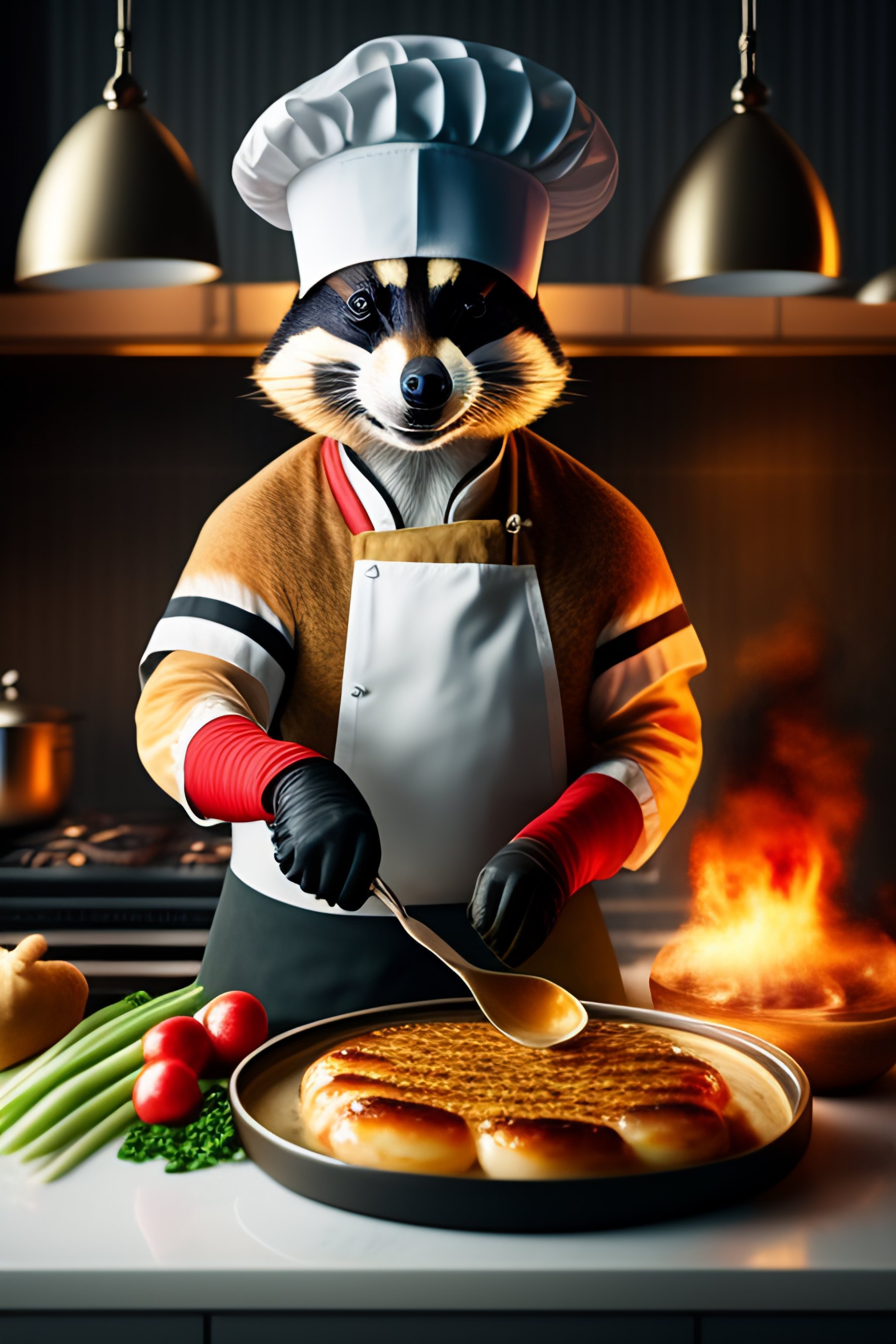 Lexica - A chef racoon cooking scallops, wearing a chef hat, in a ...