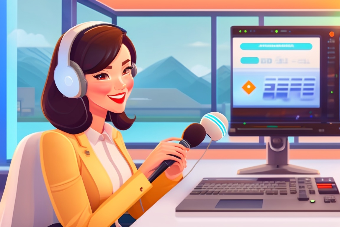 Lexica - A news reporter doing a live broadcast, sitting on the chair ...