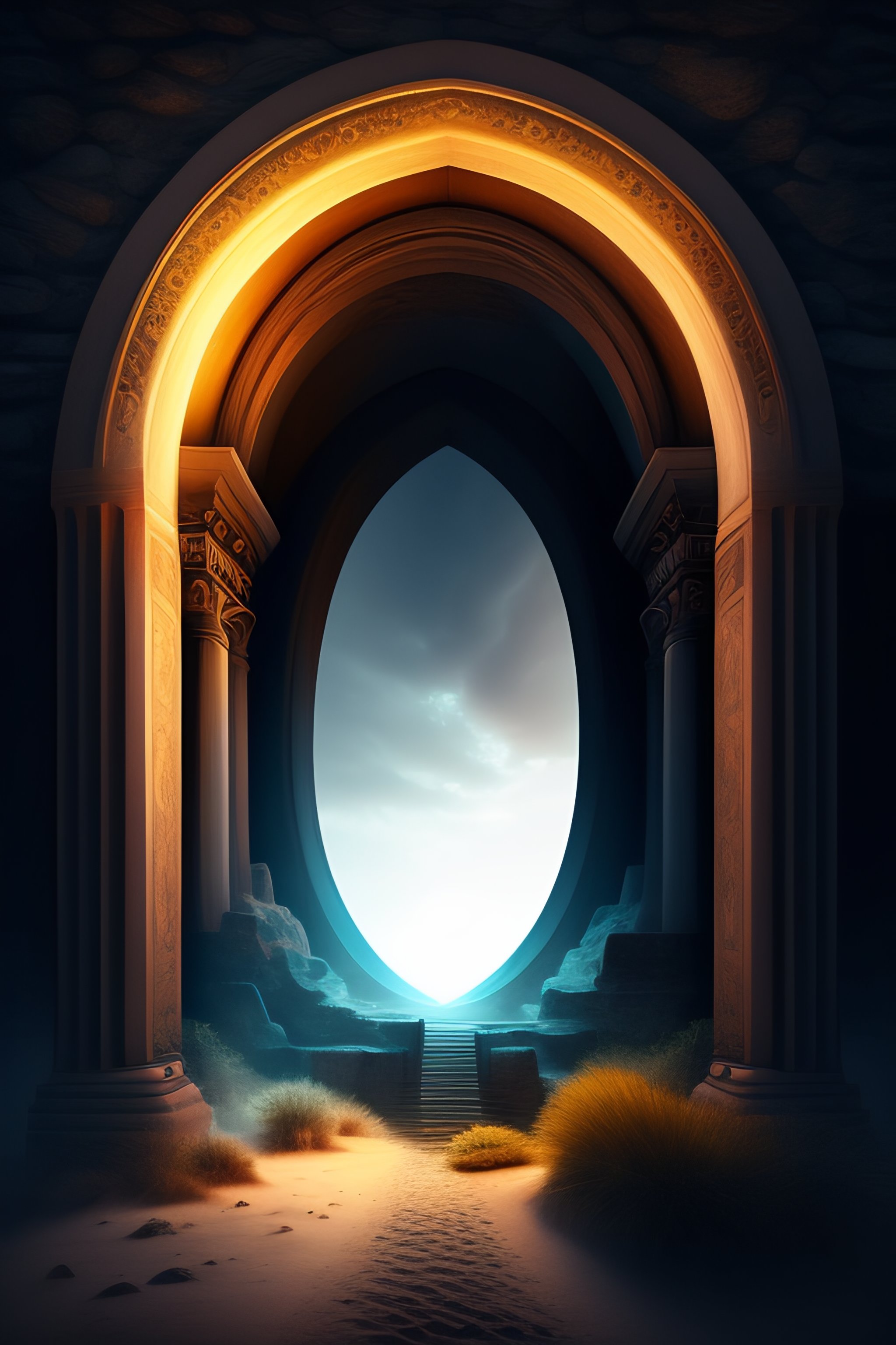 Lexica - Ancient and magical, big white portal, black background ...