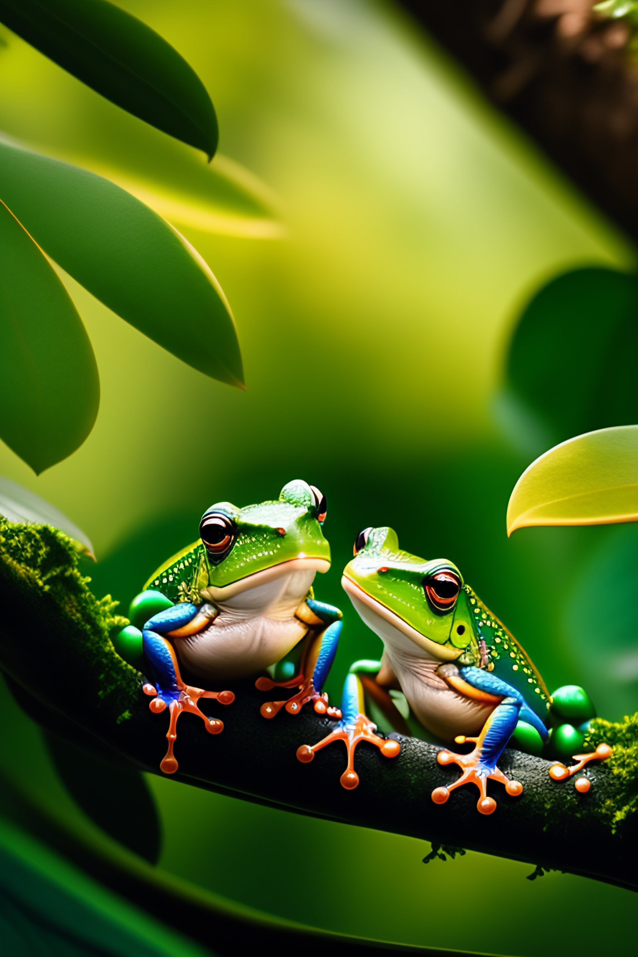 Lexica - Tree frogs hanging out in a tropical rainforest canopy.