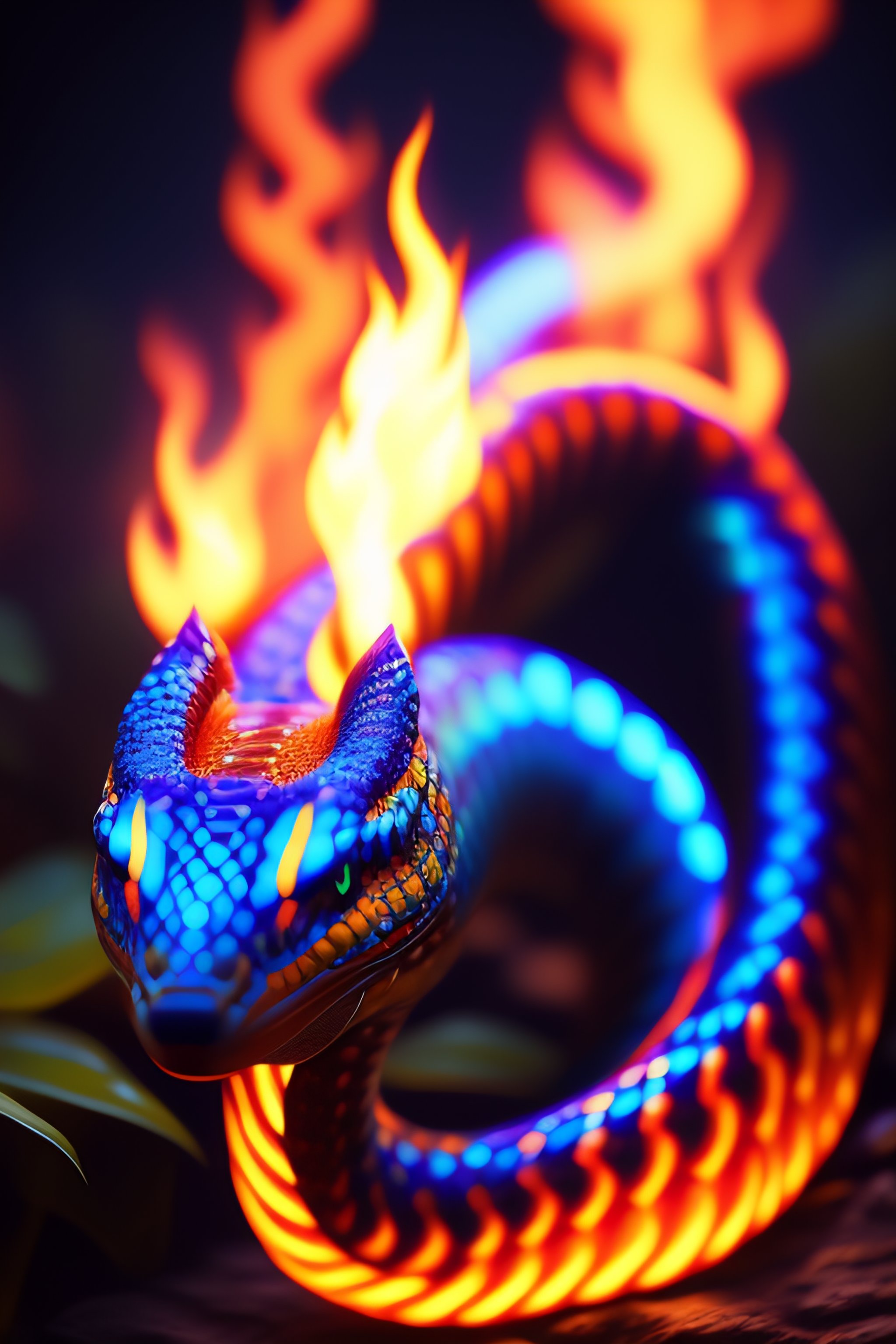 Lexica - Flaming Giant Snake with blue flames at tropical forest by ...