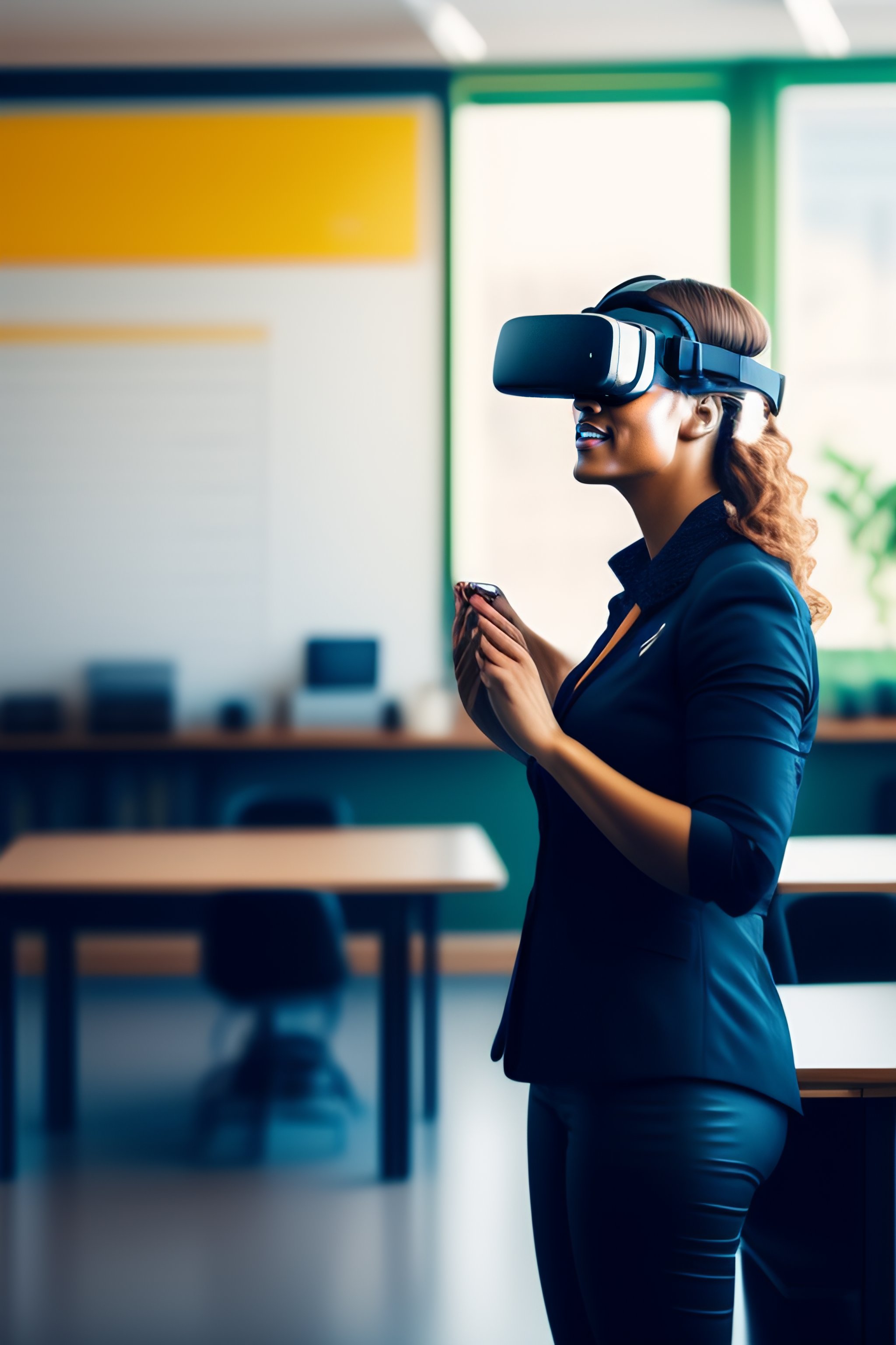 Lexica - Teacher with a VR-Headset standing in a classroom