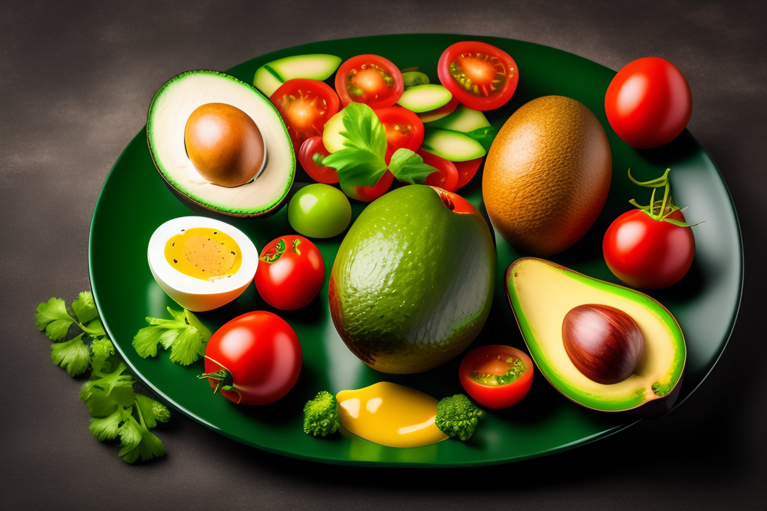 Lexica - Very healthy food plate with avocados, tomatoes, eggs and ...