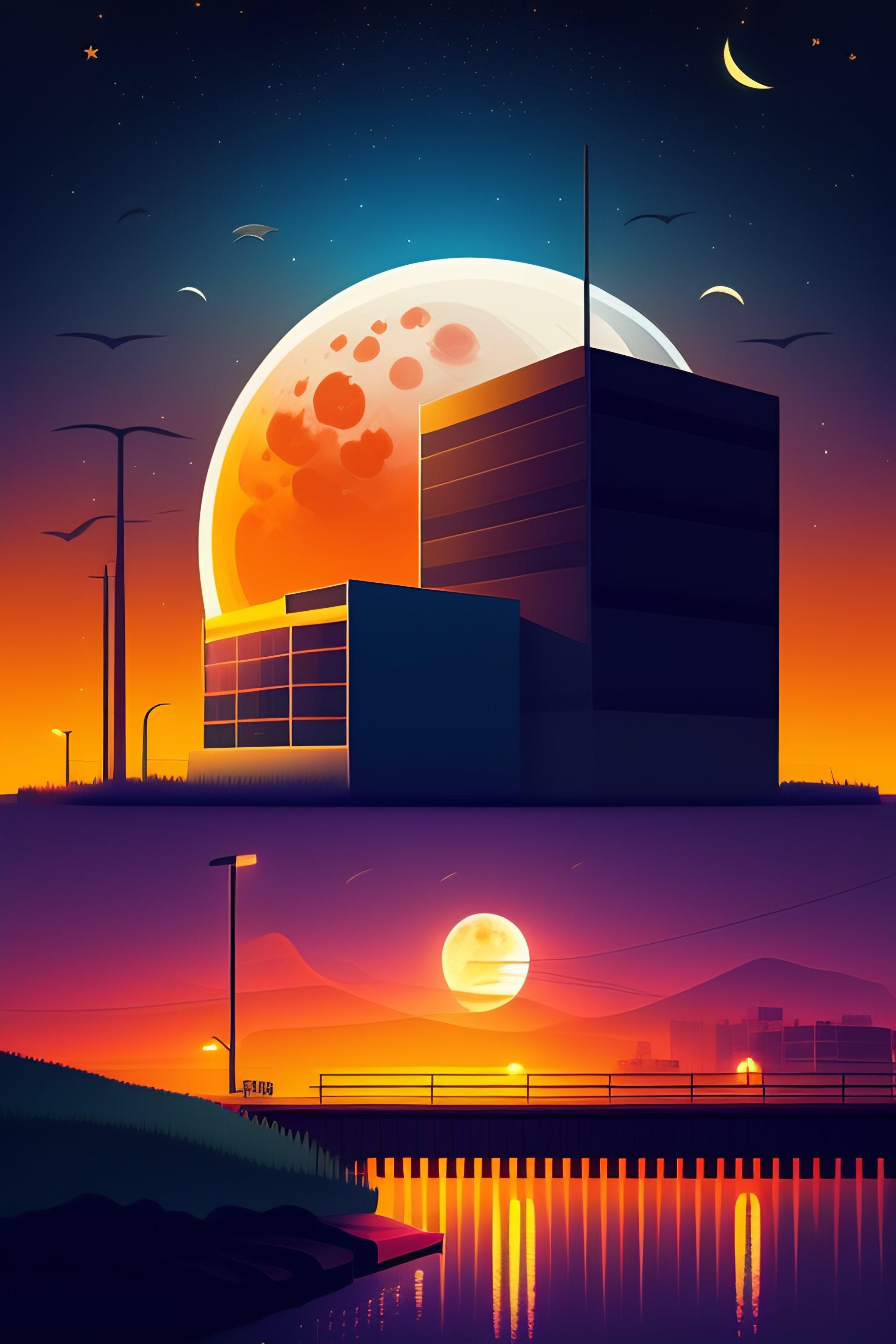 Lexica - 2d game scenery with 2d vector building, night, moon, cars ...