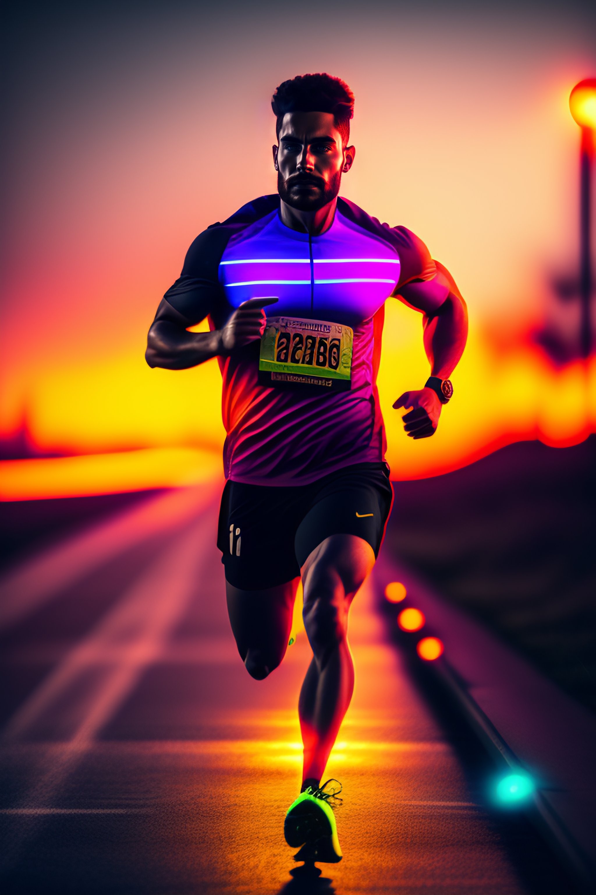 Lexica - 120mm photograph of man runner, realistic landscape, 8k, neon ...