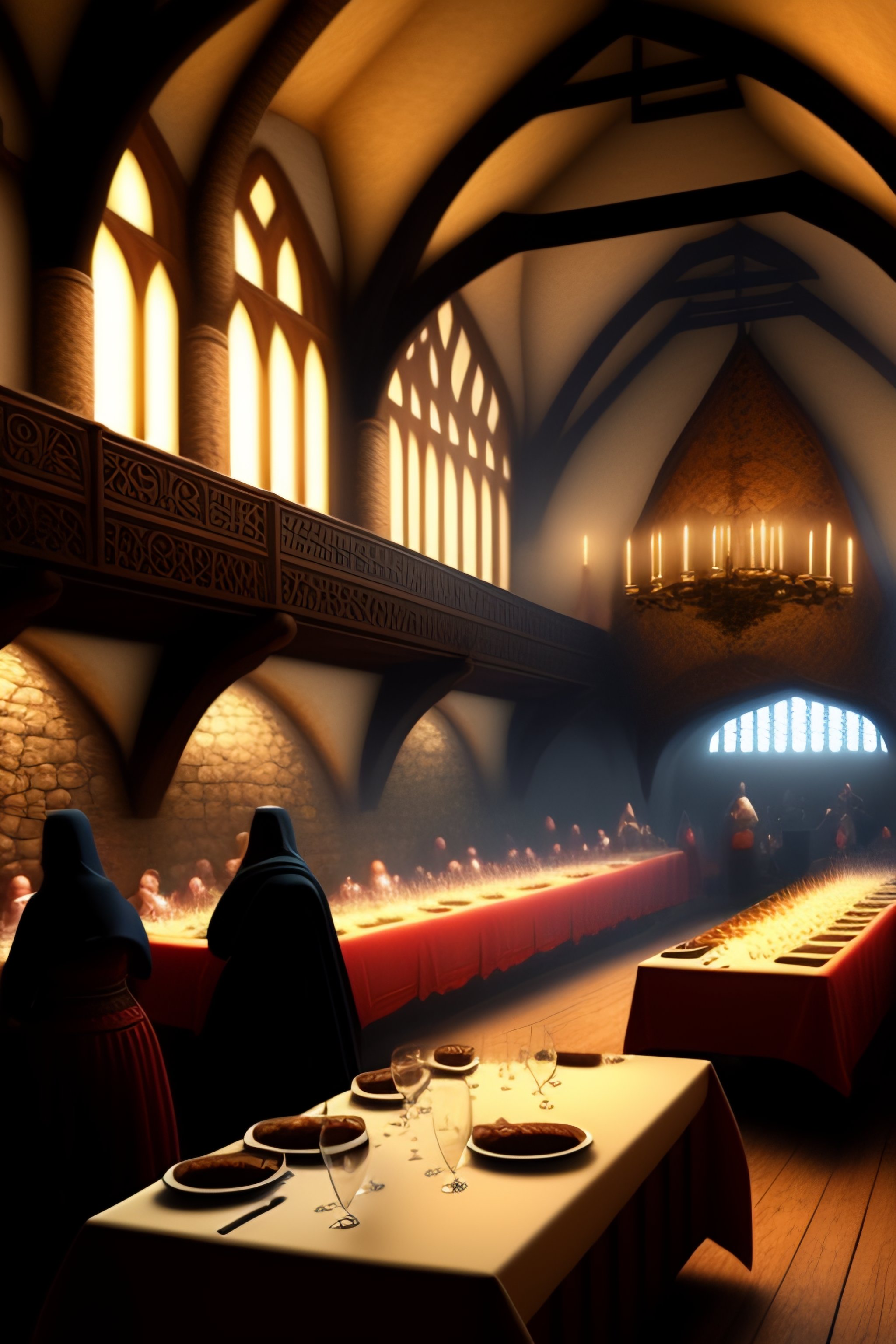 Lexica - Medieval hall, with a meal and people with cloaks hiding their ...