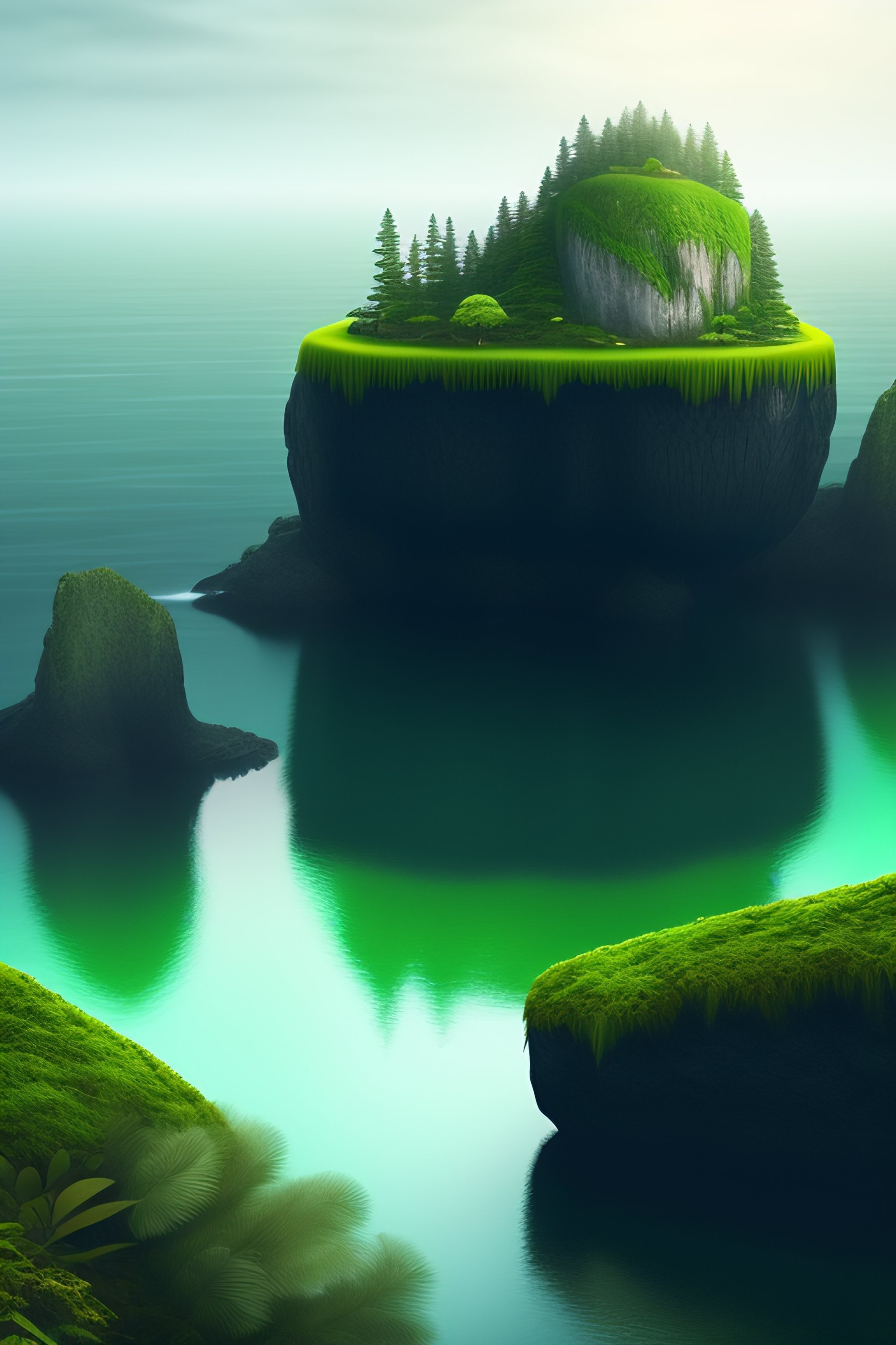 Lexica - Floating cliff island, covered with green moss, grass and fern ...