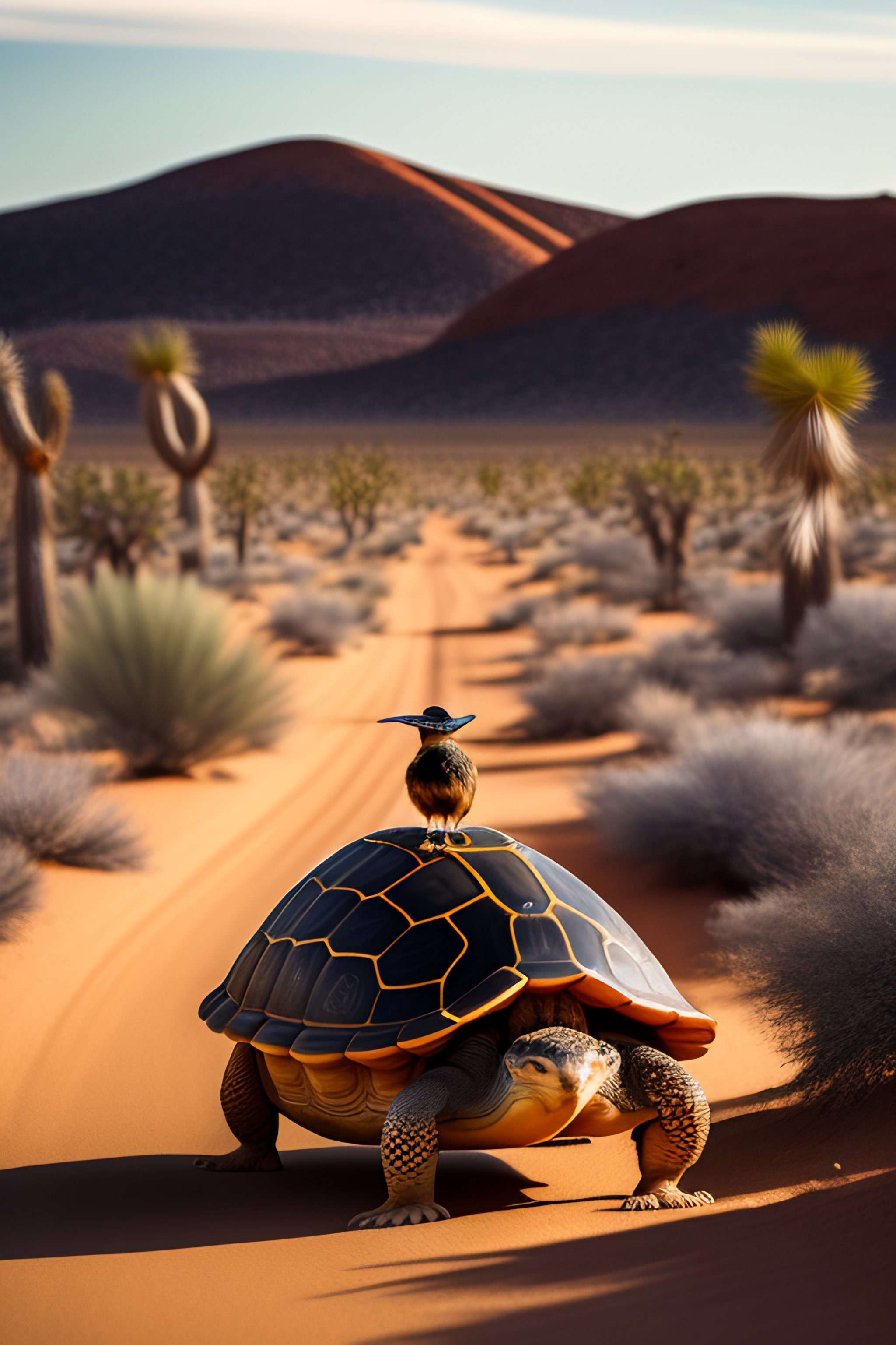Lexica - A road-runner riding a tortoise in Joshua Tree, 8k photograph ...