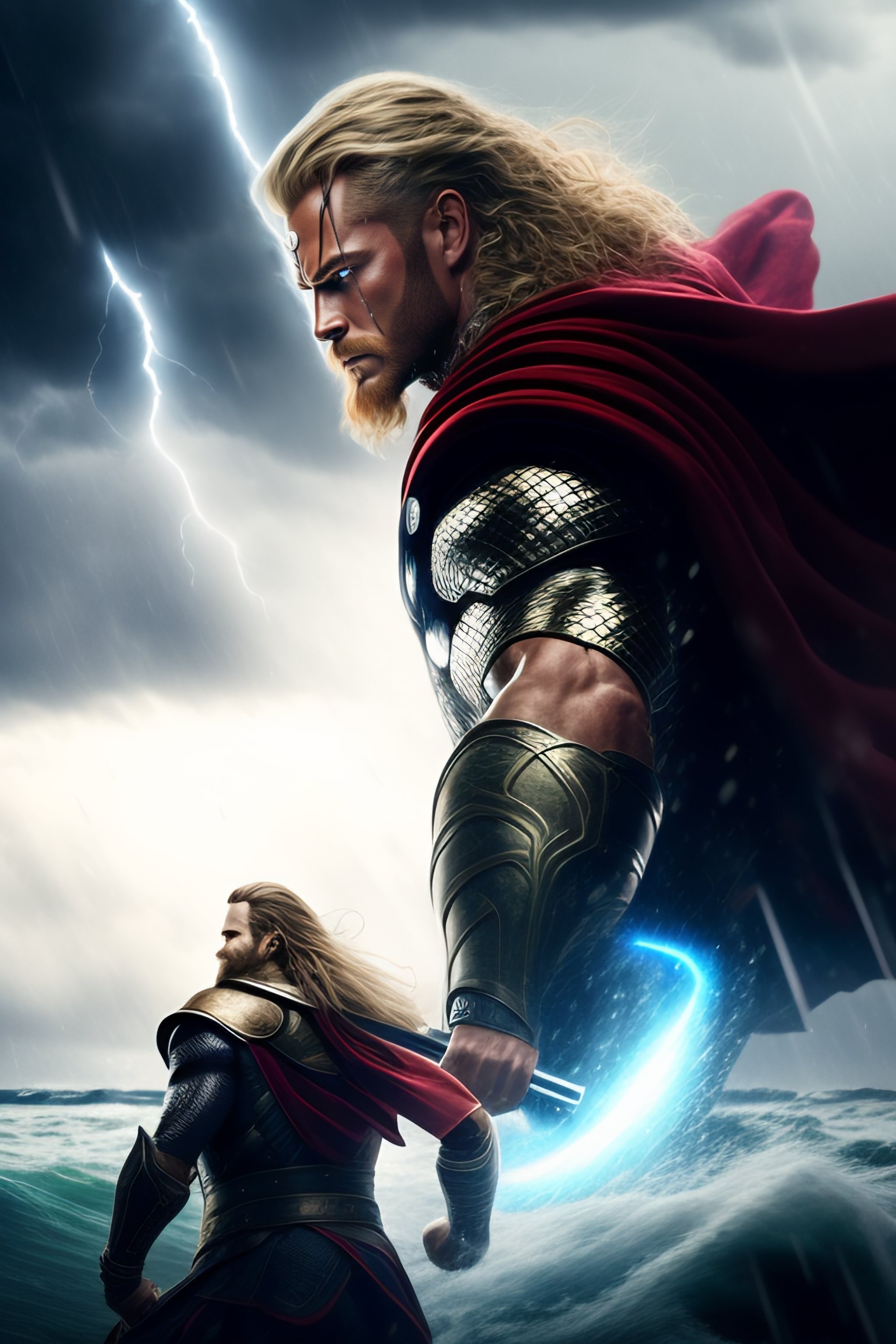 Lexica - Thor battling Odin in Asgard, thunder and heavy rain in background