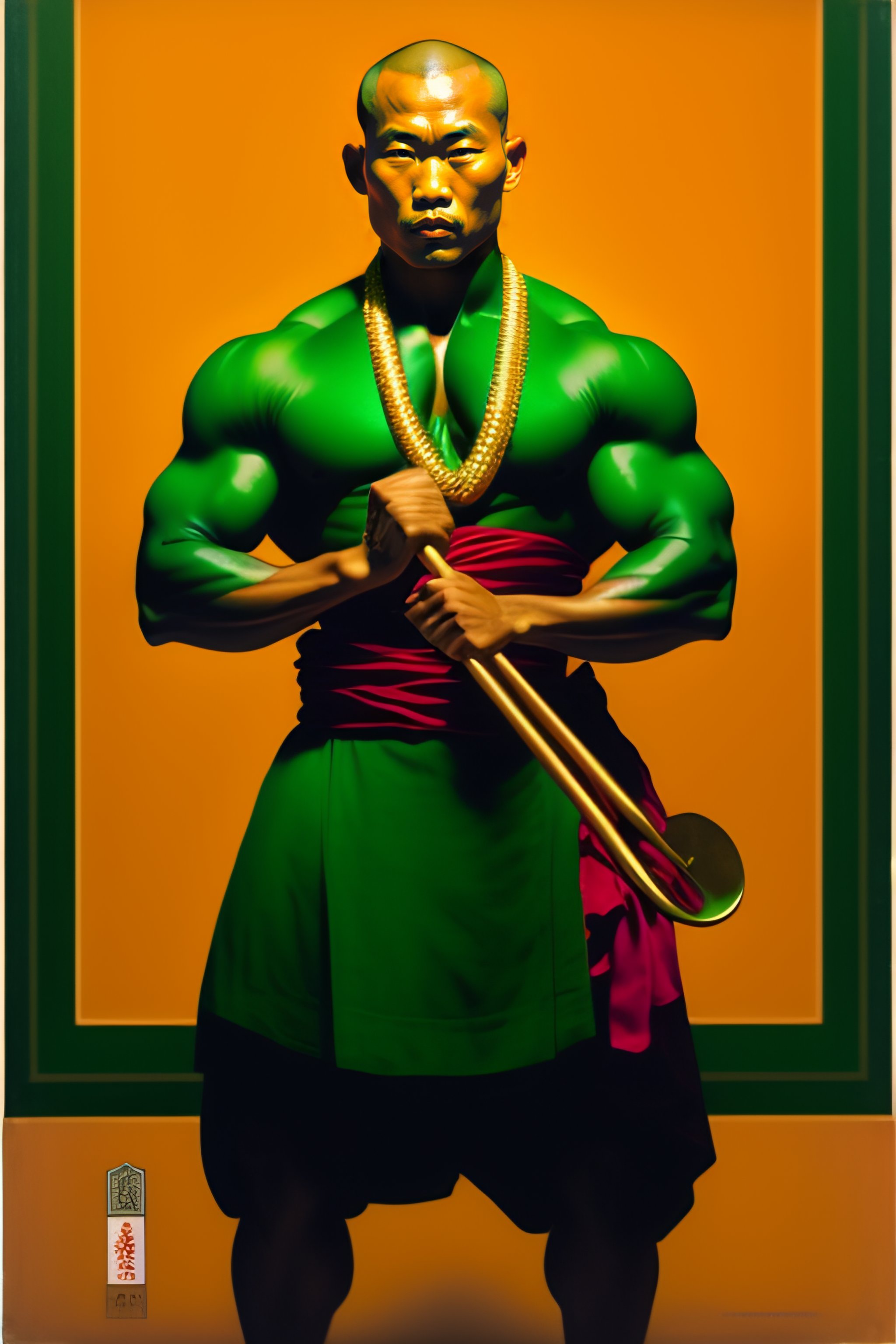 Lexica - Asian monk with bulging muscles and green and gold cloth pants ...
