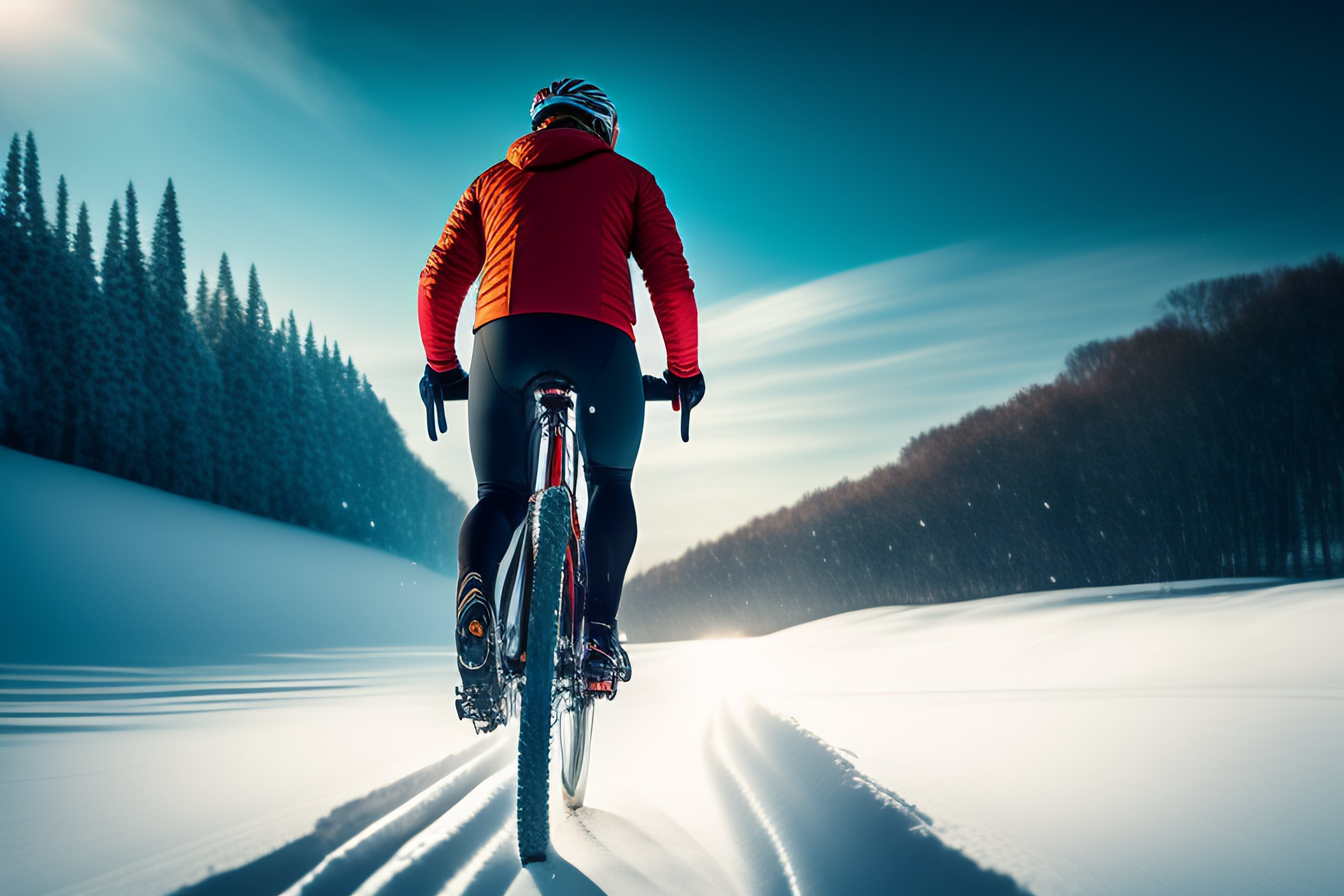 Lexica - Winter cycling, a man riding a bicycle in snow, back view ...