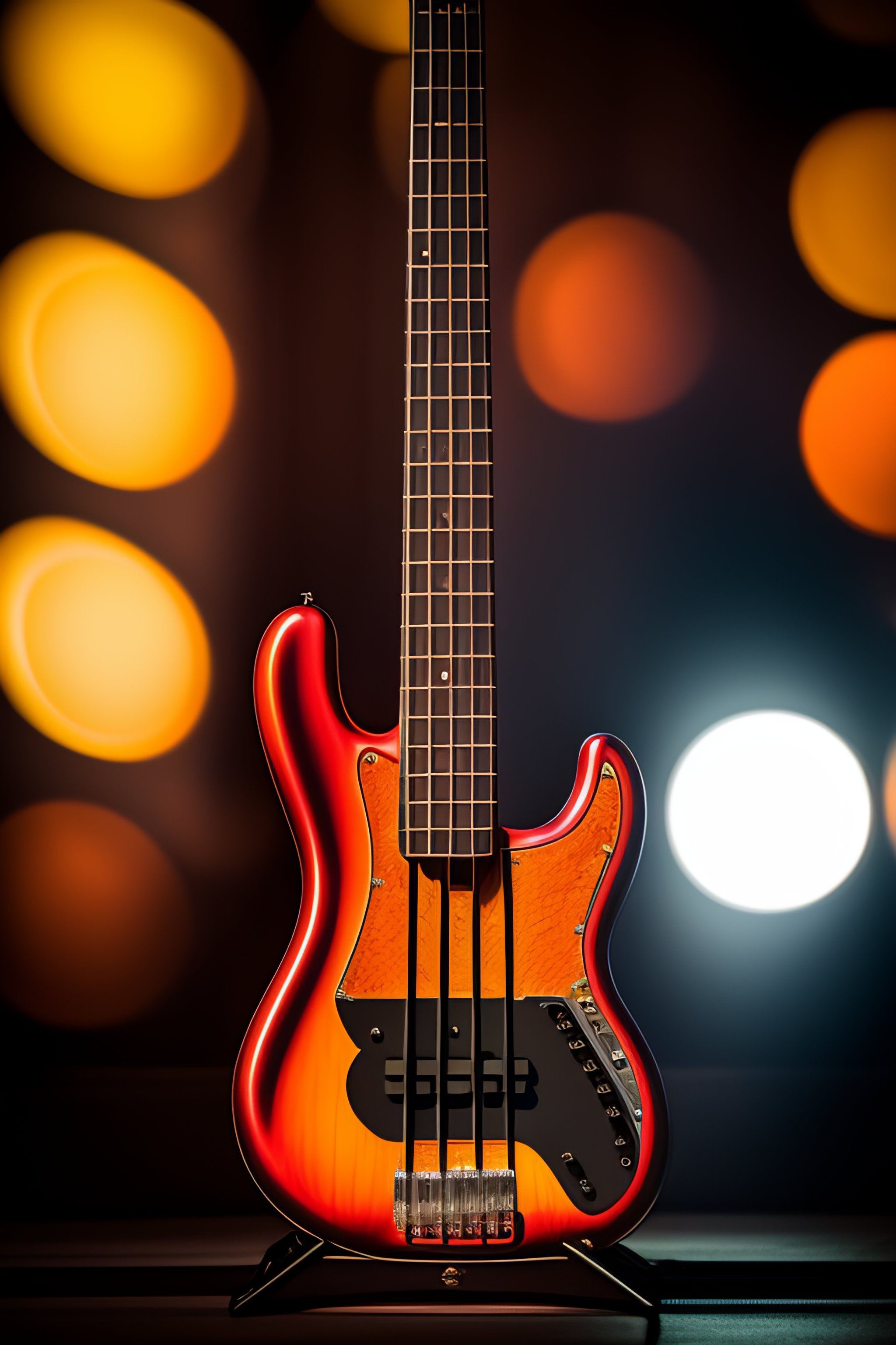 Lexica A Bass Guitar In A Stand Facing Right In Front Of An Orange Amplificator Hard Light