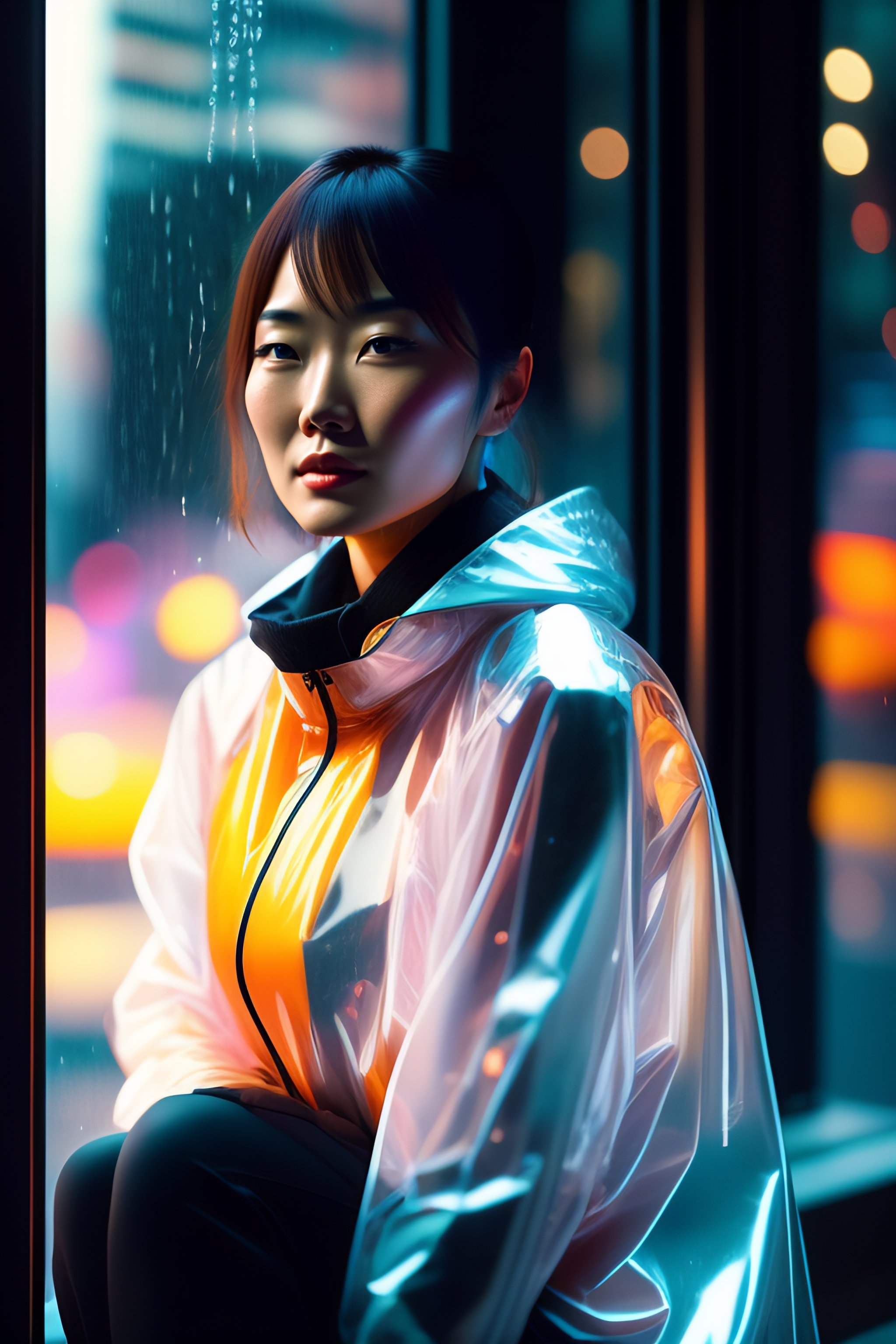 Lexica - Kaori from akira wearing transparent raincoat, sitting pose, lost in translation movie ...