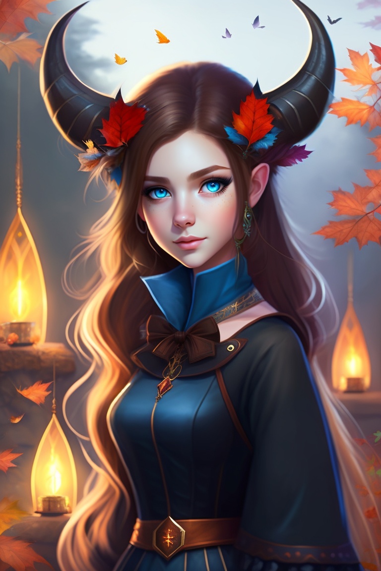 Lexica - Girl, horns, brown hair, Blue eyes, black sclera, demonic tail ...