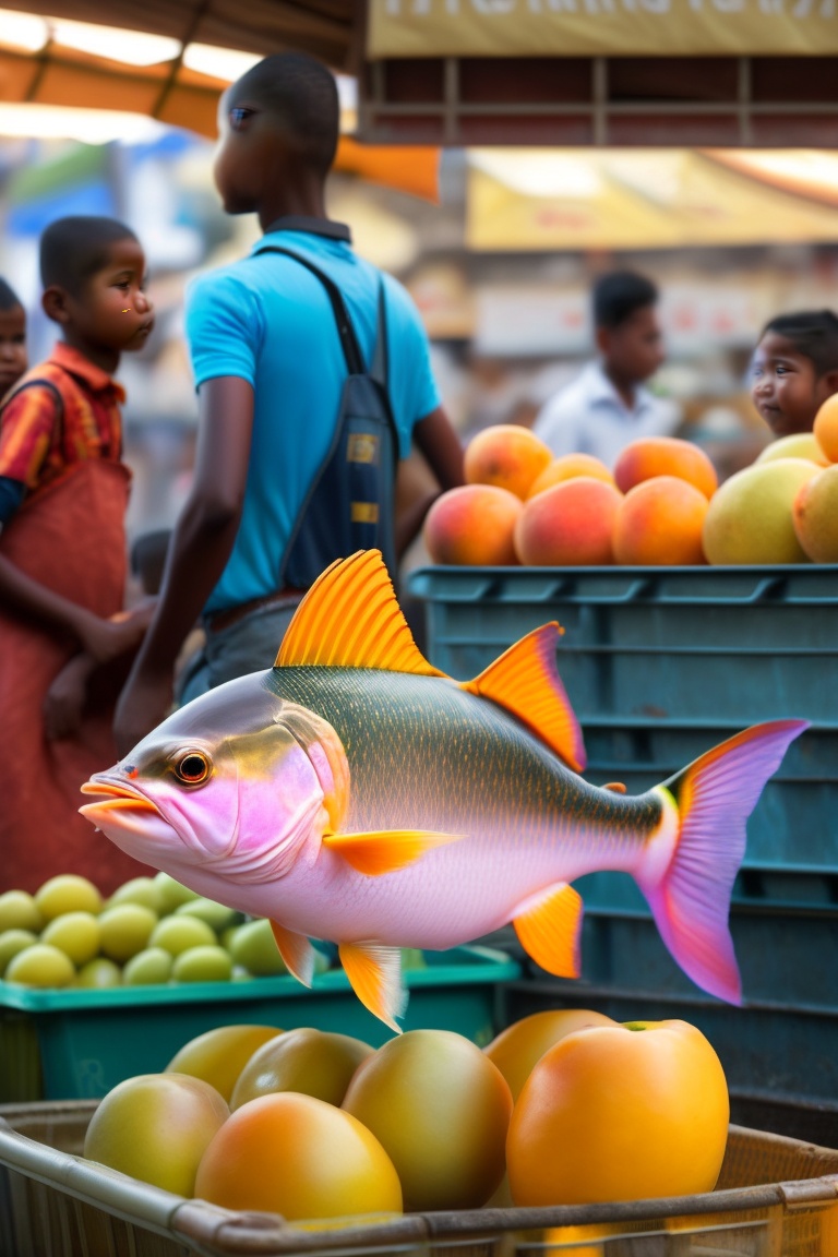 Lexica - A fish with two legs selling mangos in a market