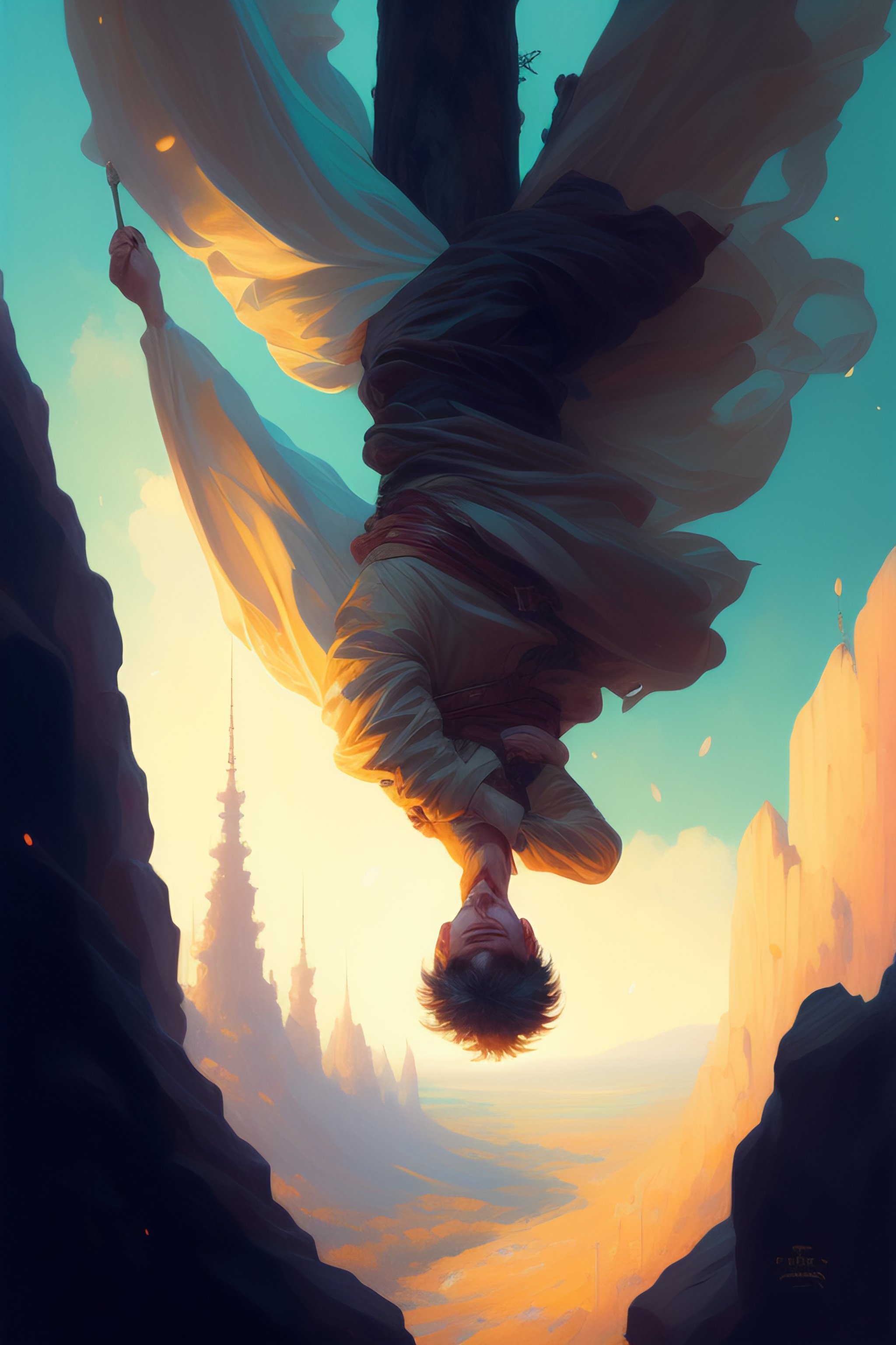 Lexica - A man hanging upside-down like a fruit from a tree branch by tsuyoshi nagano, greg ...