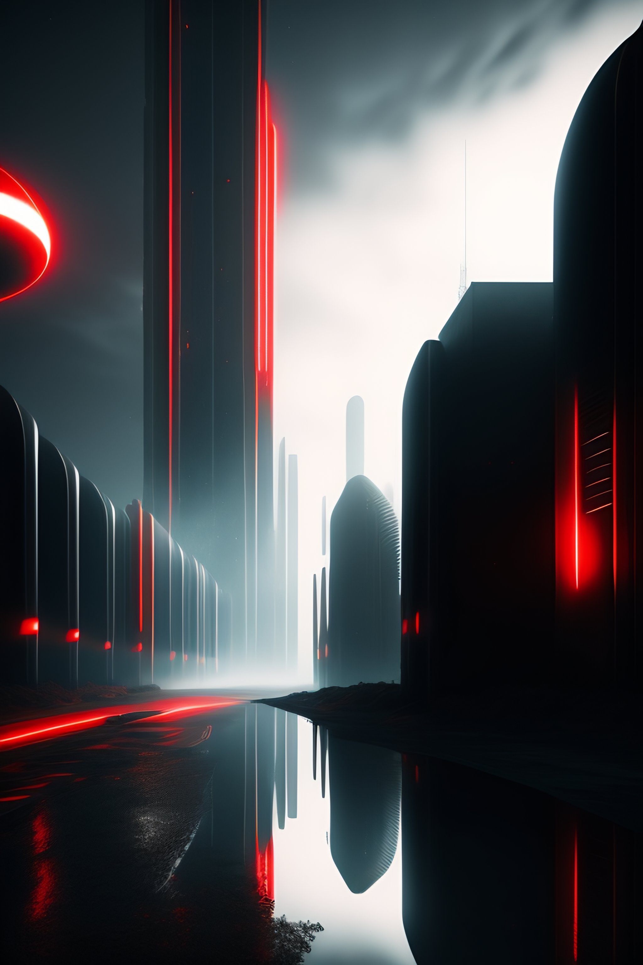 Lexica - Dystopian, red planets in the sky, black and white neon lights ...