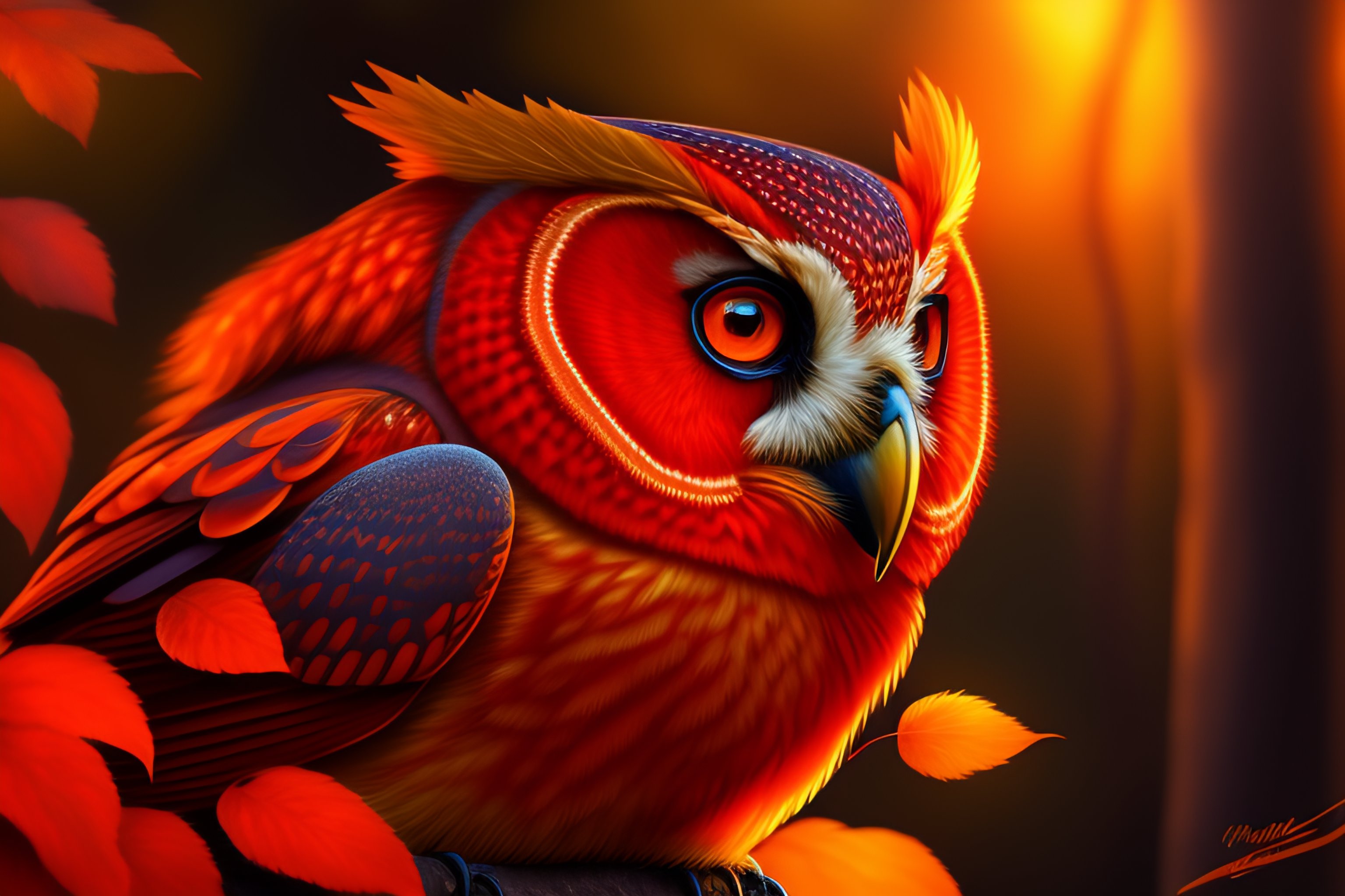 Lexica - Radiant red owl, front view, glowing amber, autumn colours ...