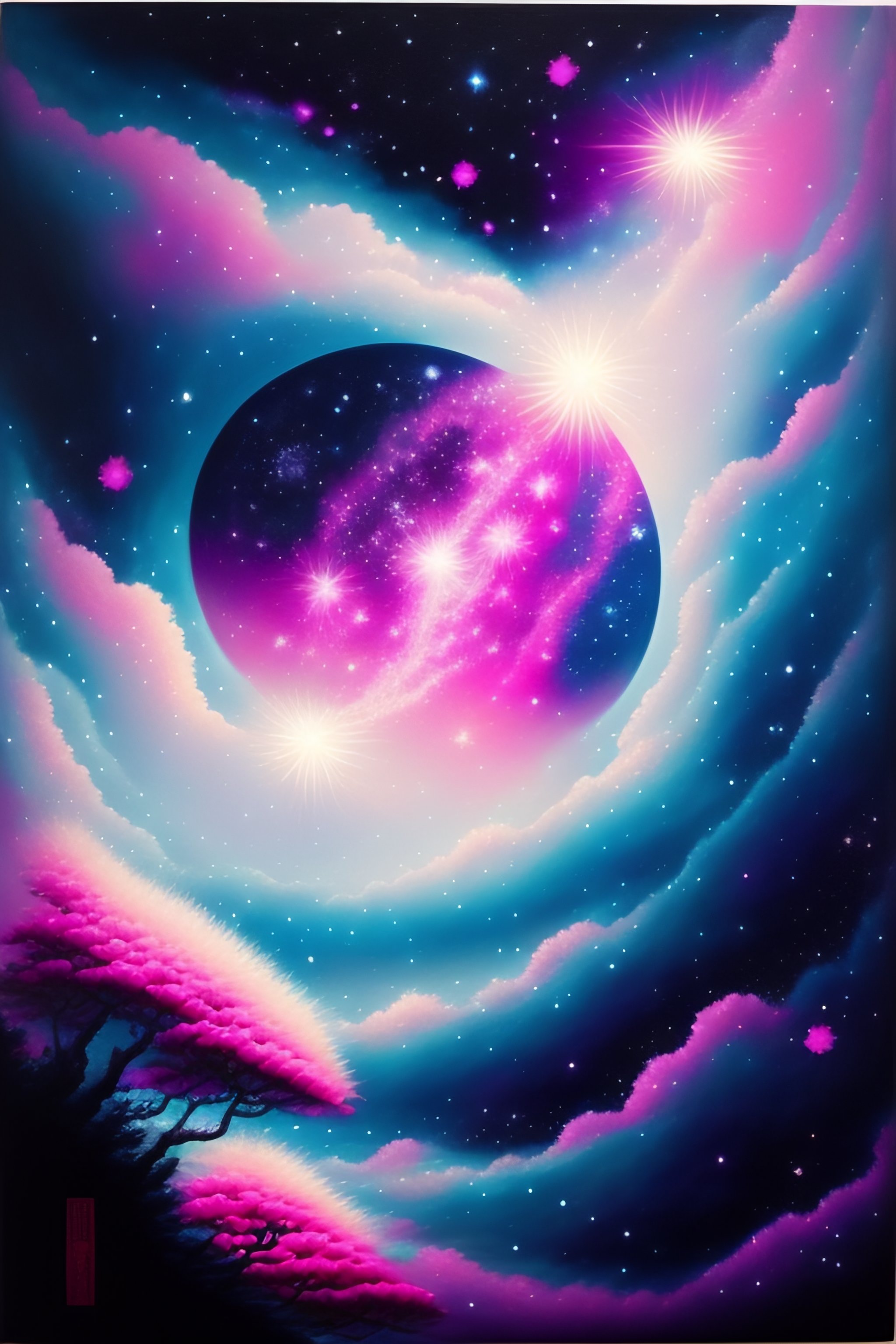 Lexica - Painting of a galactic nebula glowing flower blossoms and pink ...