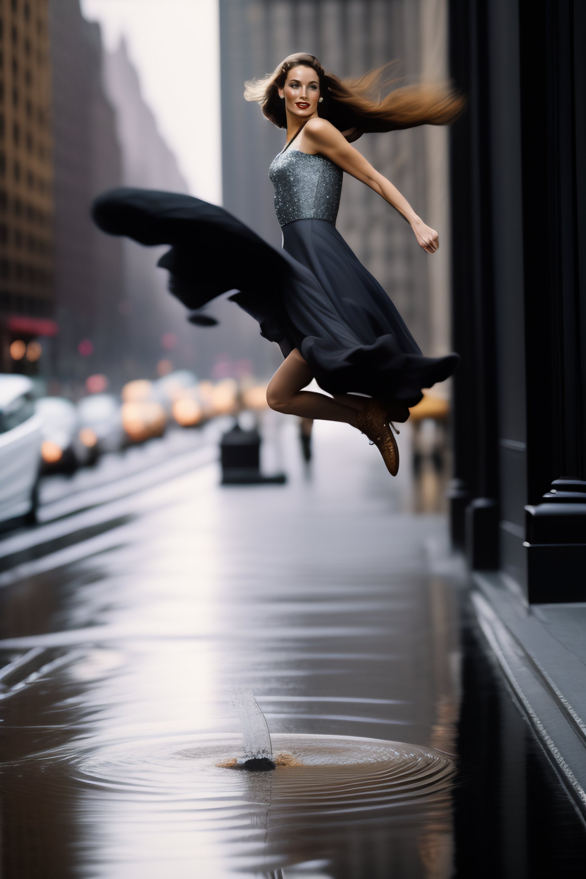 Lexica - Vintage photo of a model jumping over a puddle in NY, long ...