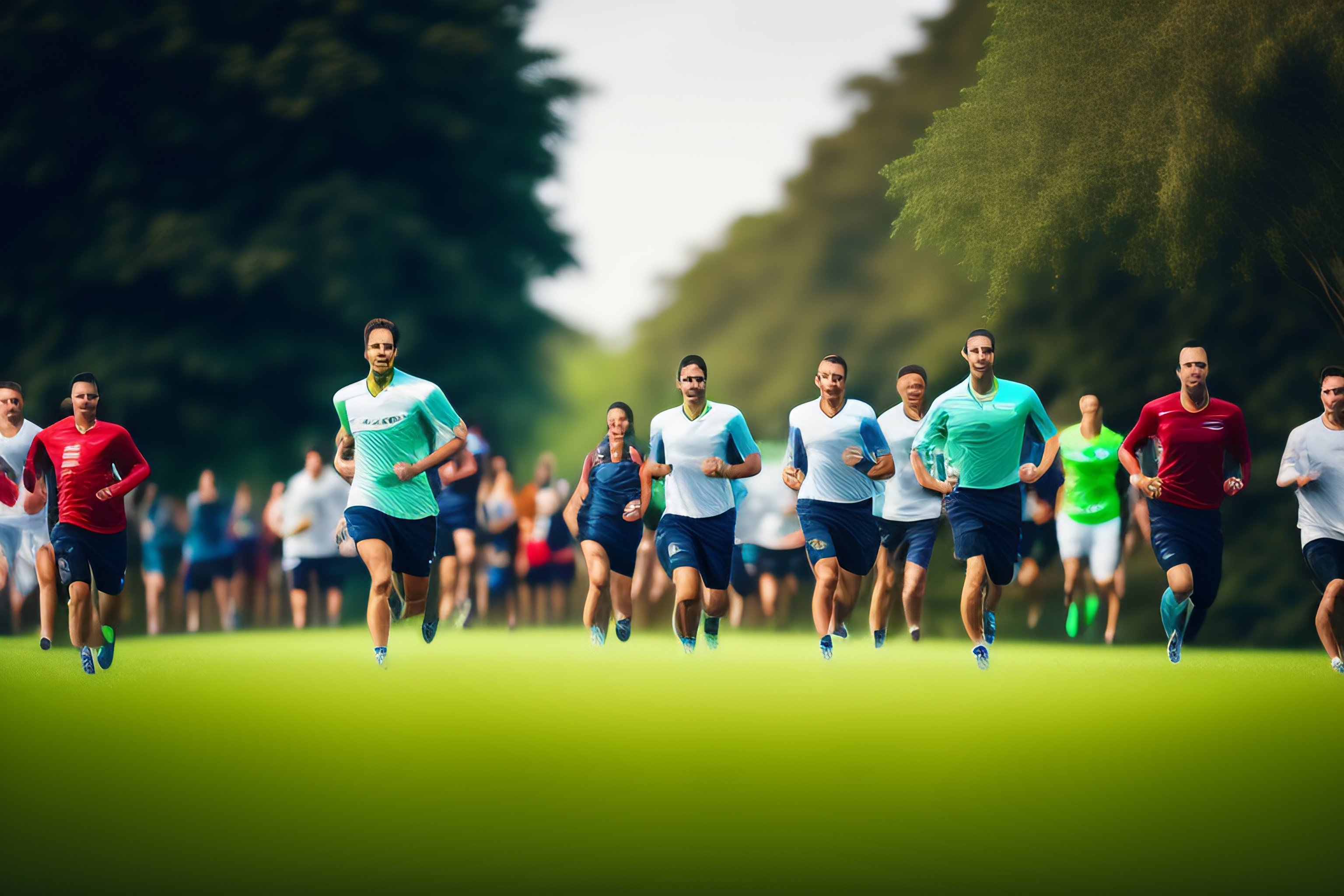 Lexica - Background full of people chasing, front view, green grass ...