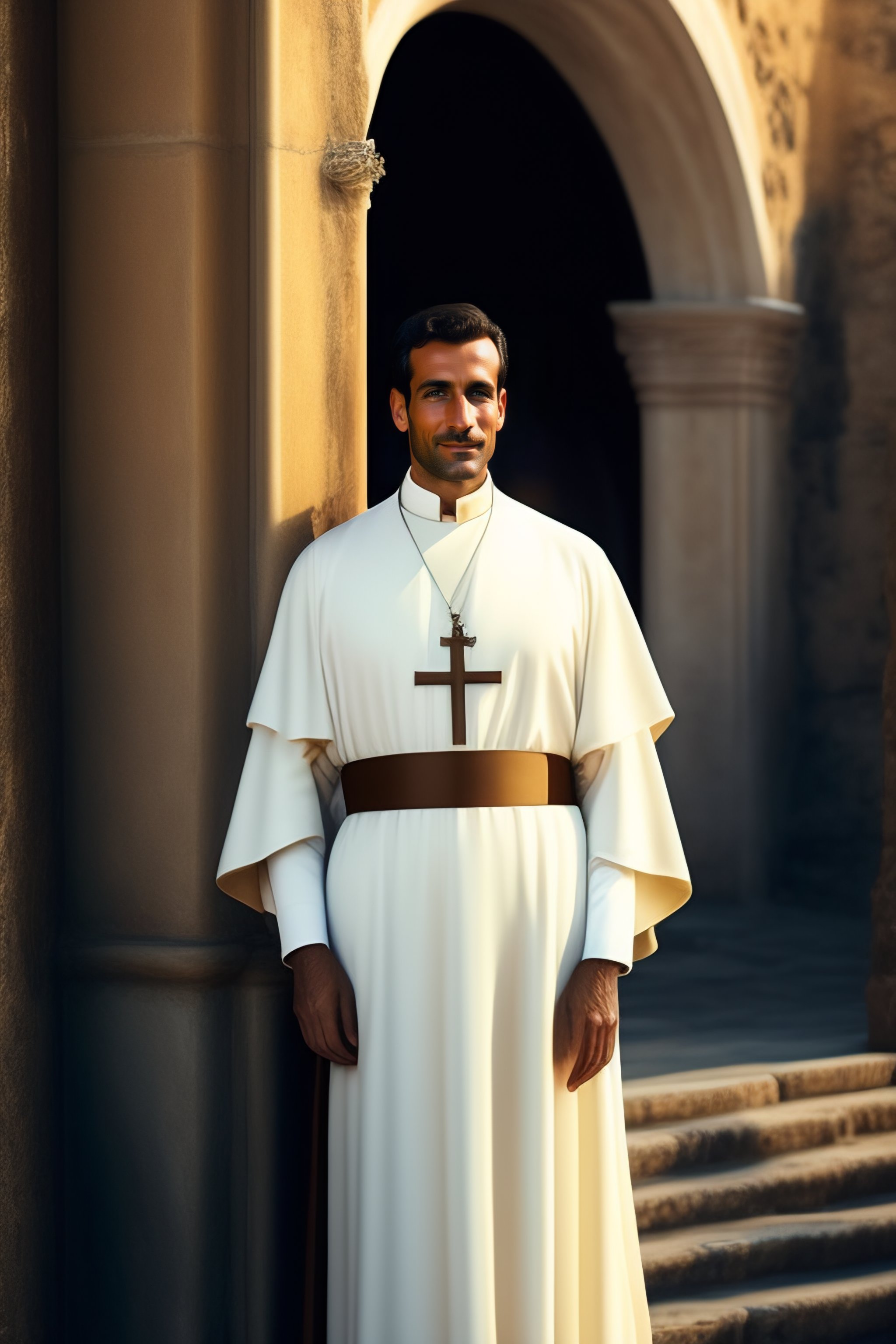 Lexica - Italian priest with short brown hair. Calm. white tunic. With ...