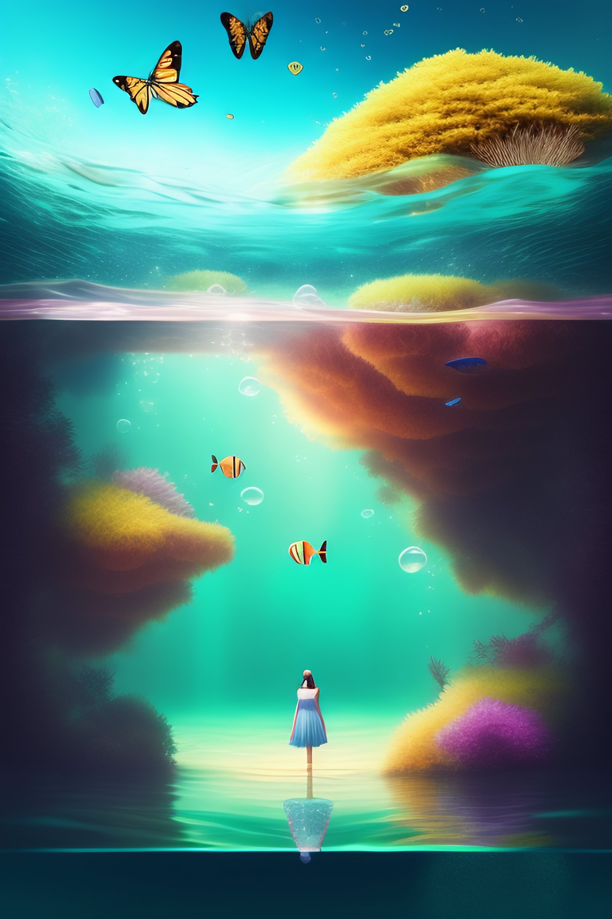 Lexica - Floating trees in sea, with liane and big butterflies, fishes ...