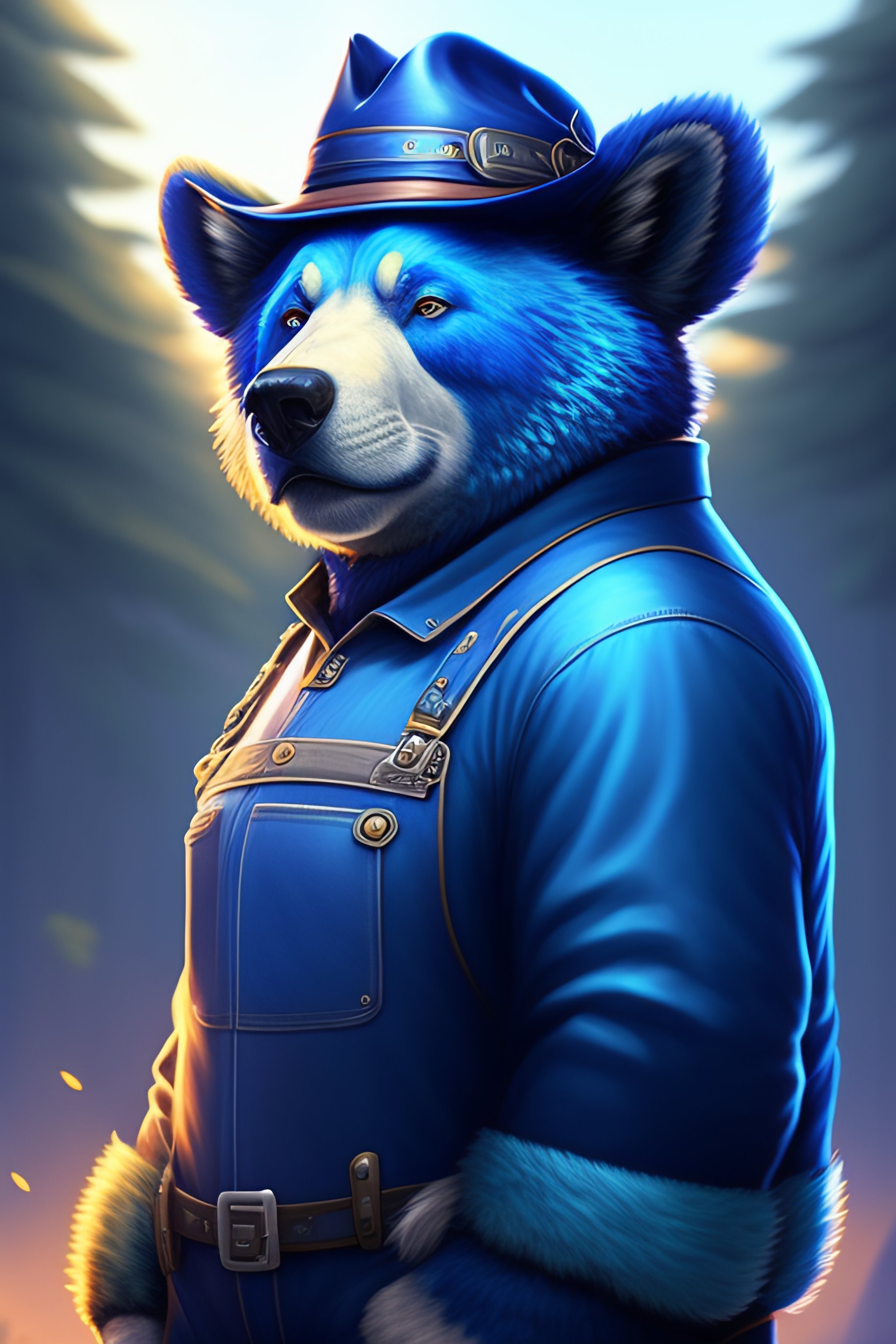 Lexica - A realistic blue country bear wearing overalls and a hat ...