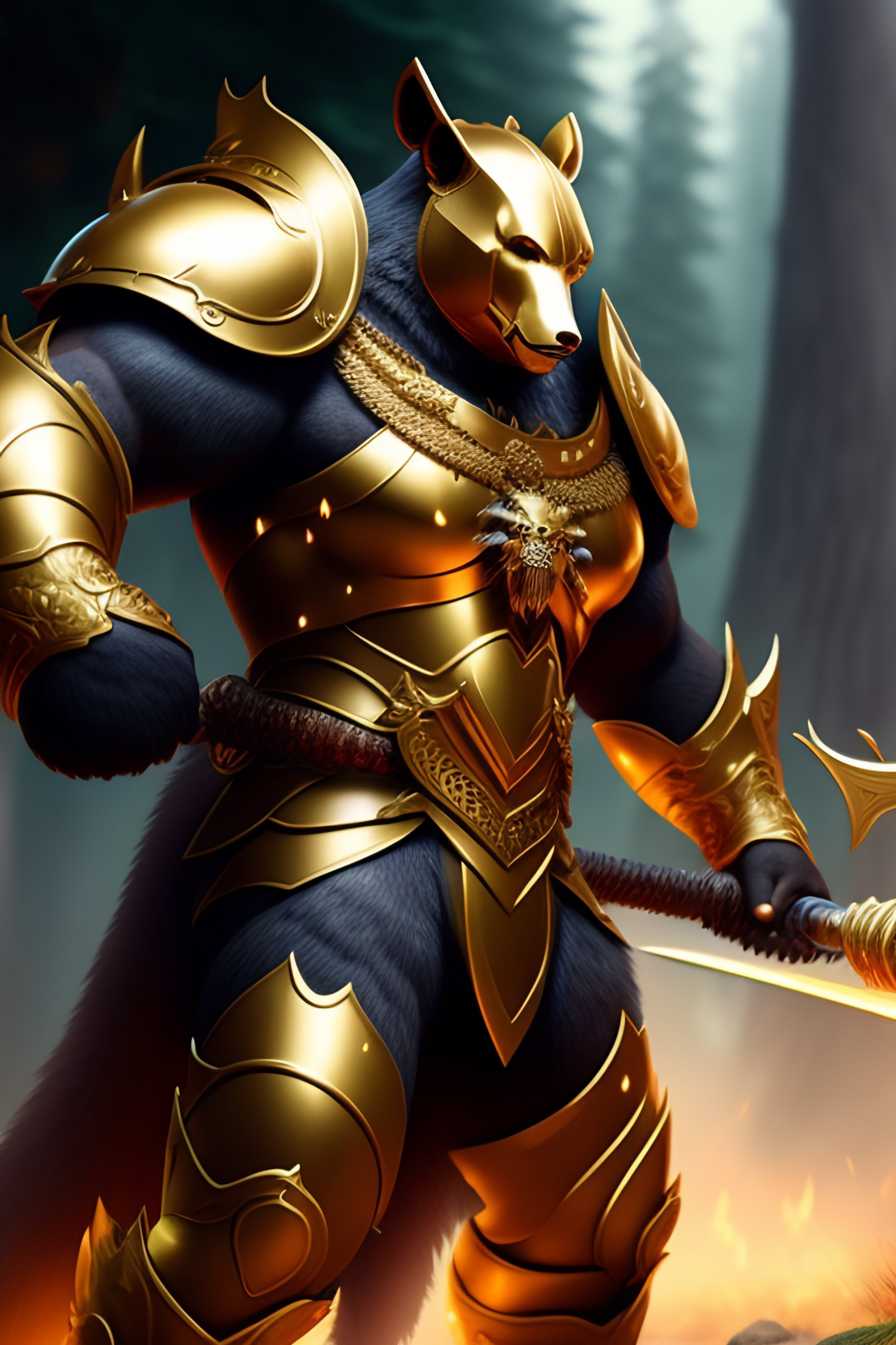 Lexica - Humanoid warrior bear wearing golden armor weilding a giant sword, fighting giant ...