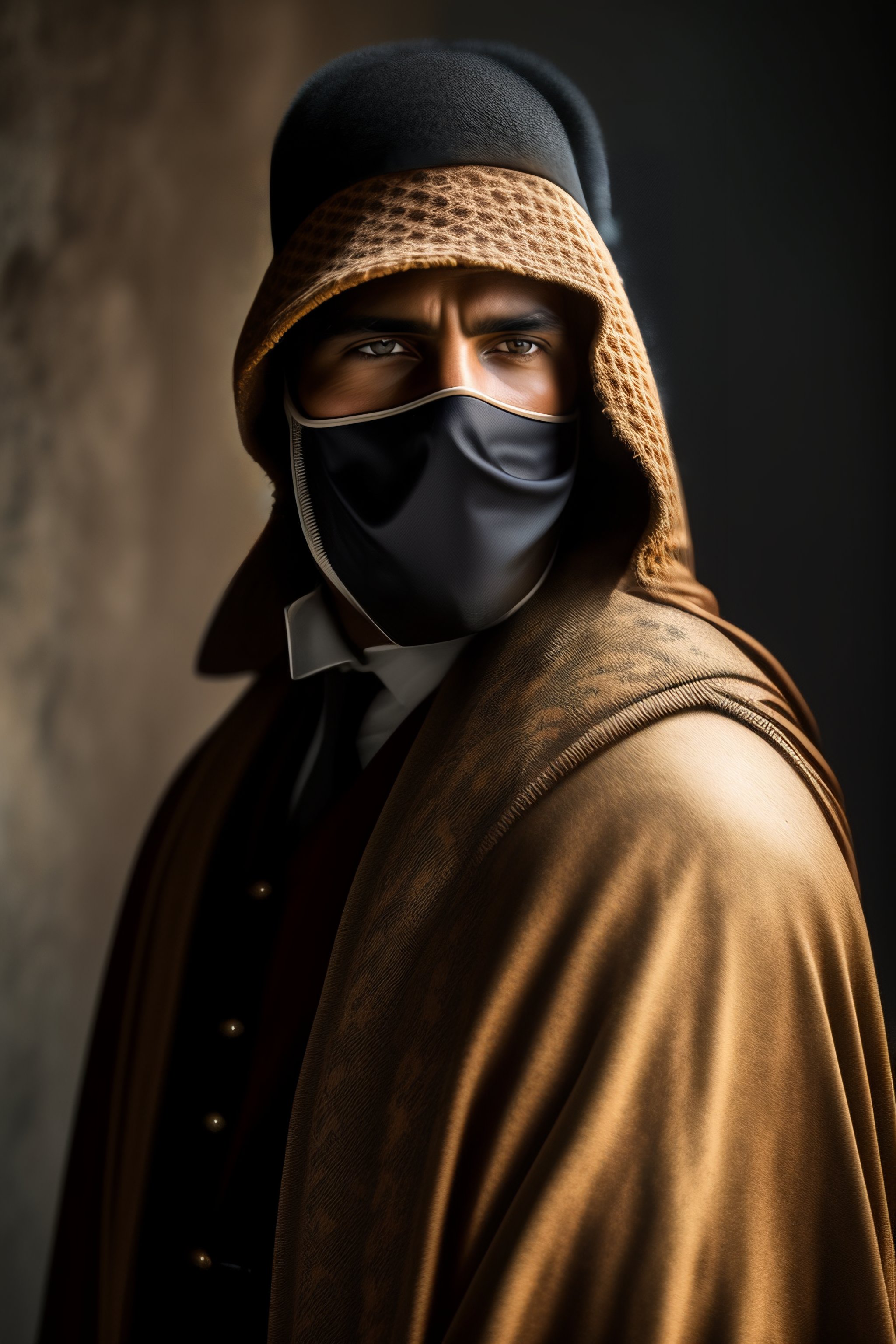 Lexica - A man masked with a piece of cloth in an old magic suit filled ...