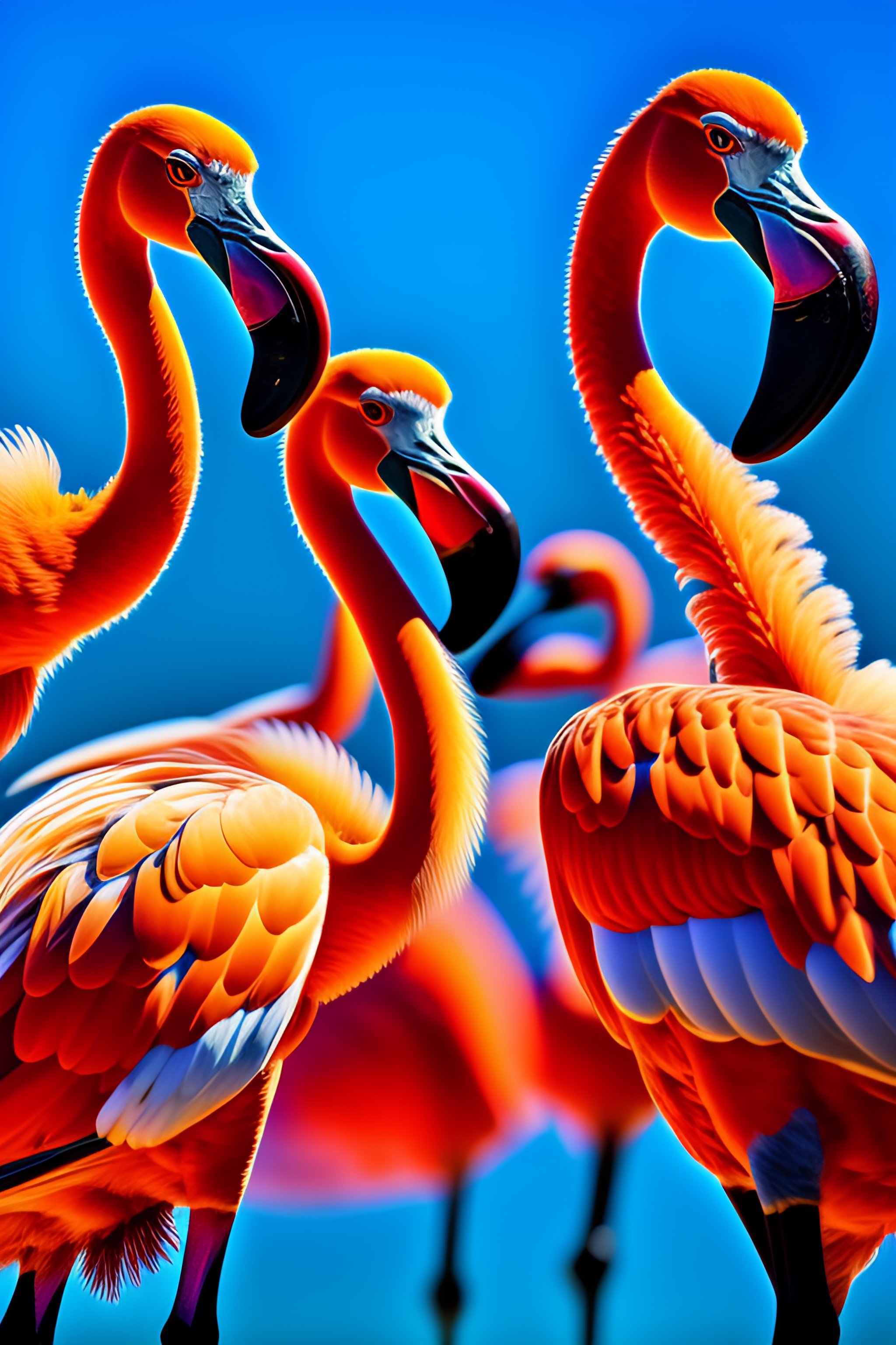 Lexica - Orange flamingos flying in the azure sky